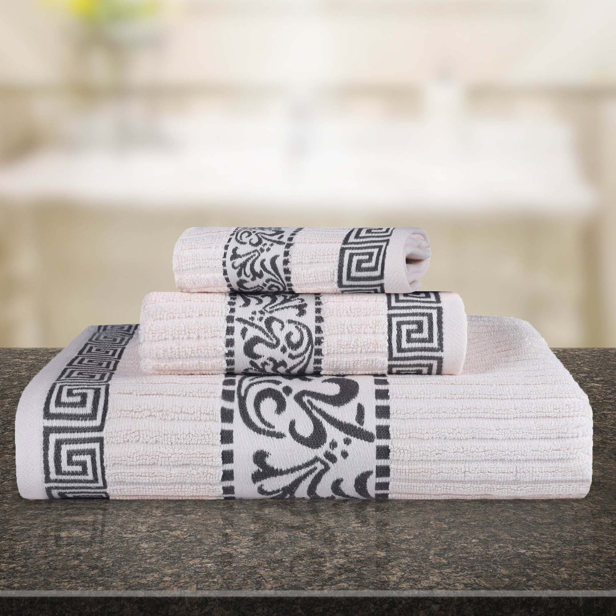 Superior Athens 3-Piece Cotton Greek Scroll Towel Set, Ivory-Gray ...