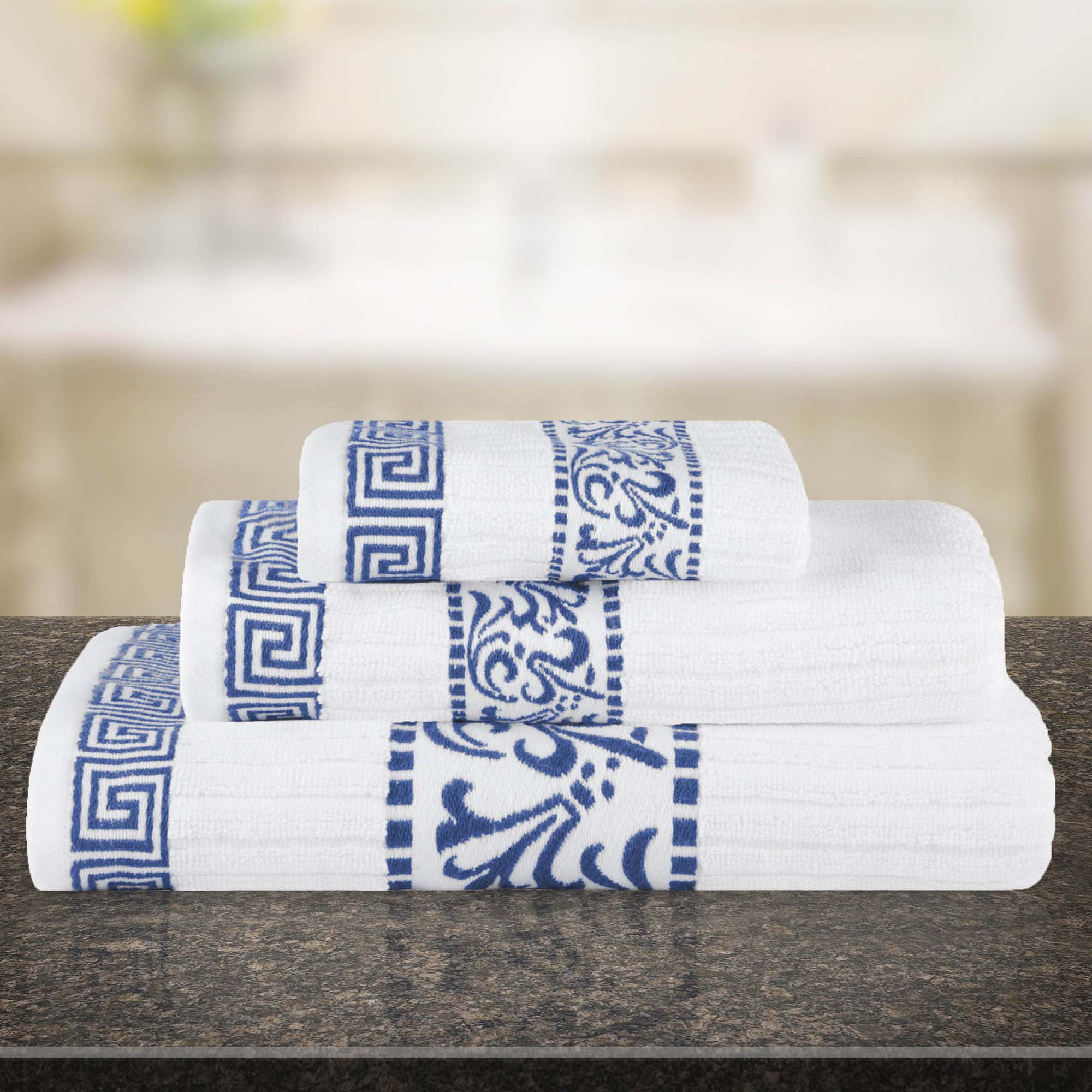 Superior Athens 3-Piece Cotton Greek Scroll Towel Set, Navy Blue ...