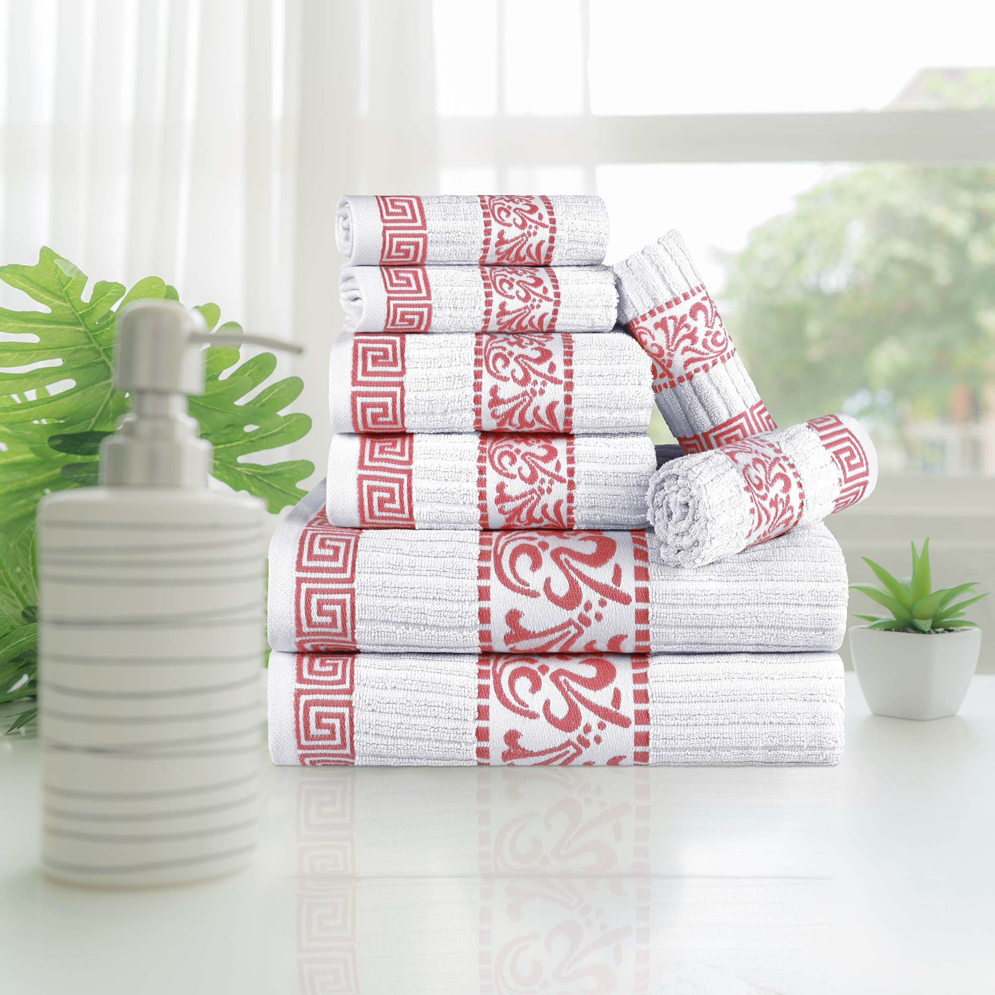 Superior Athens 8-Piece Cotton Greek Scroll Towel Set, Coral - Walmart.com