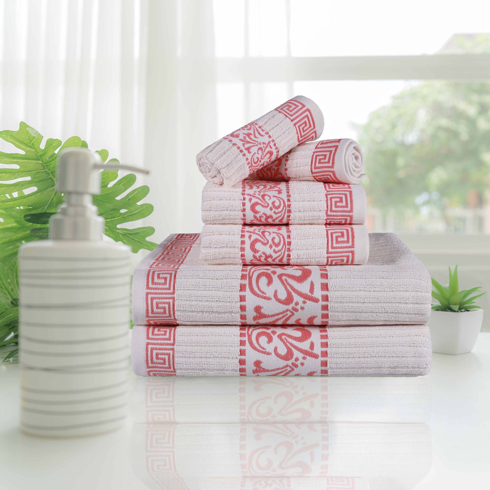 Superior Athens 6-Piece Cotton Greek Scroll Towel Set, Ivory-Coral ...