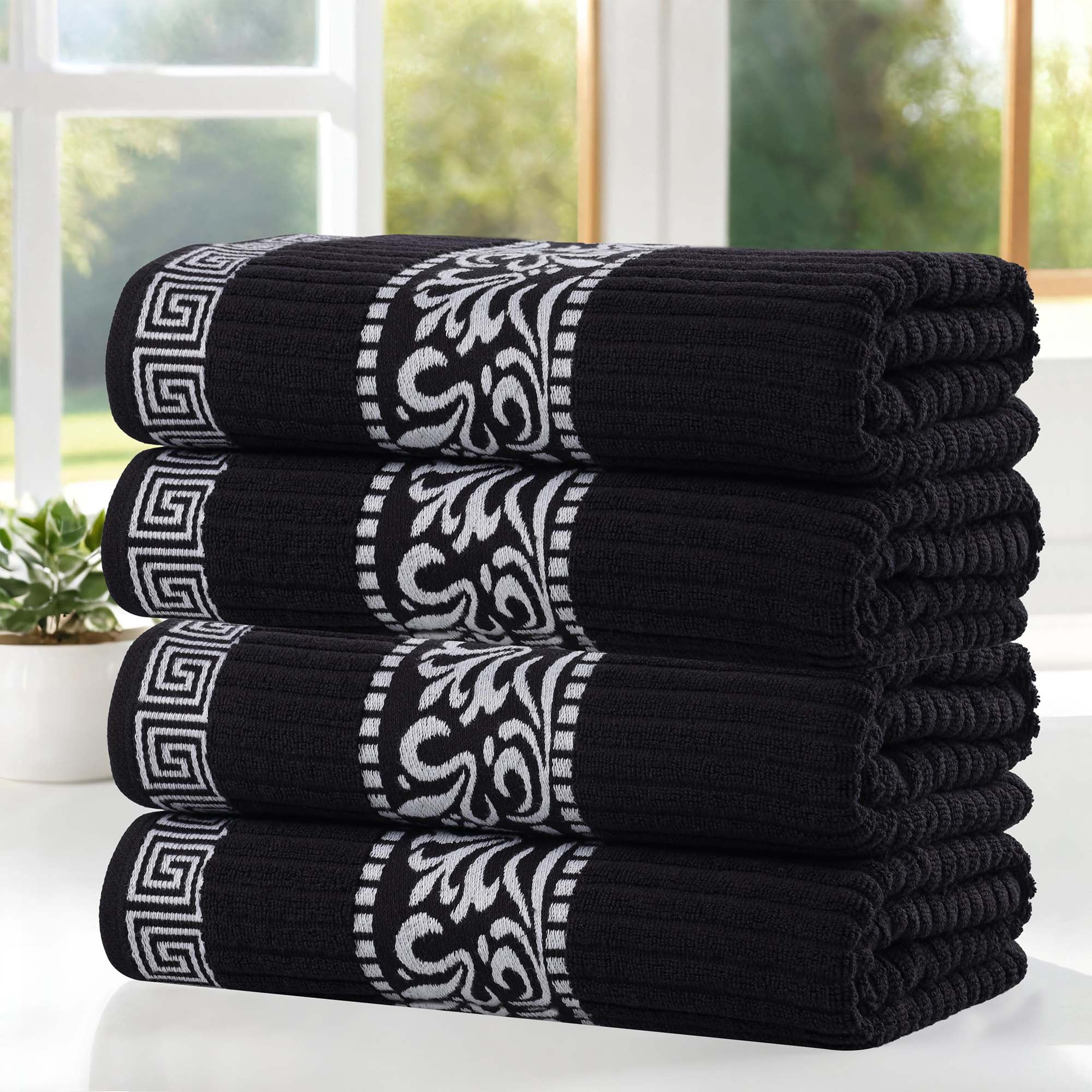 Superior Athens Cotton Greek Scroll Bath Towel Set of 4, Black-White ...