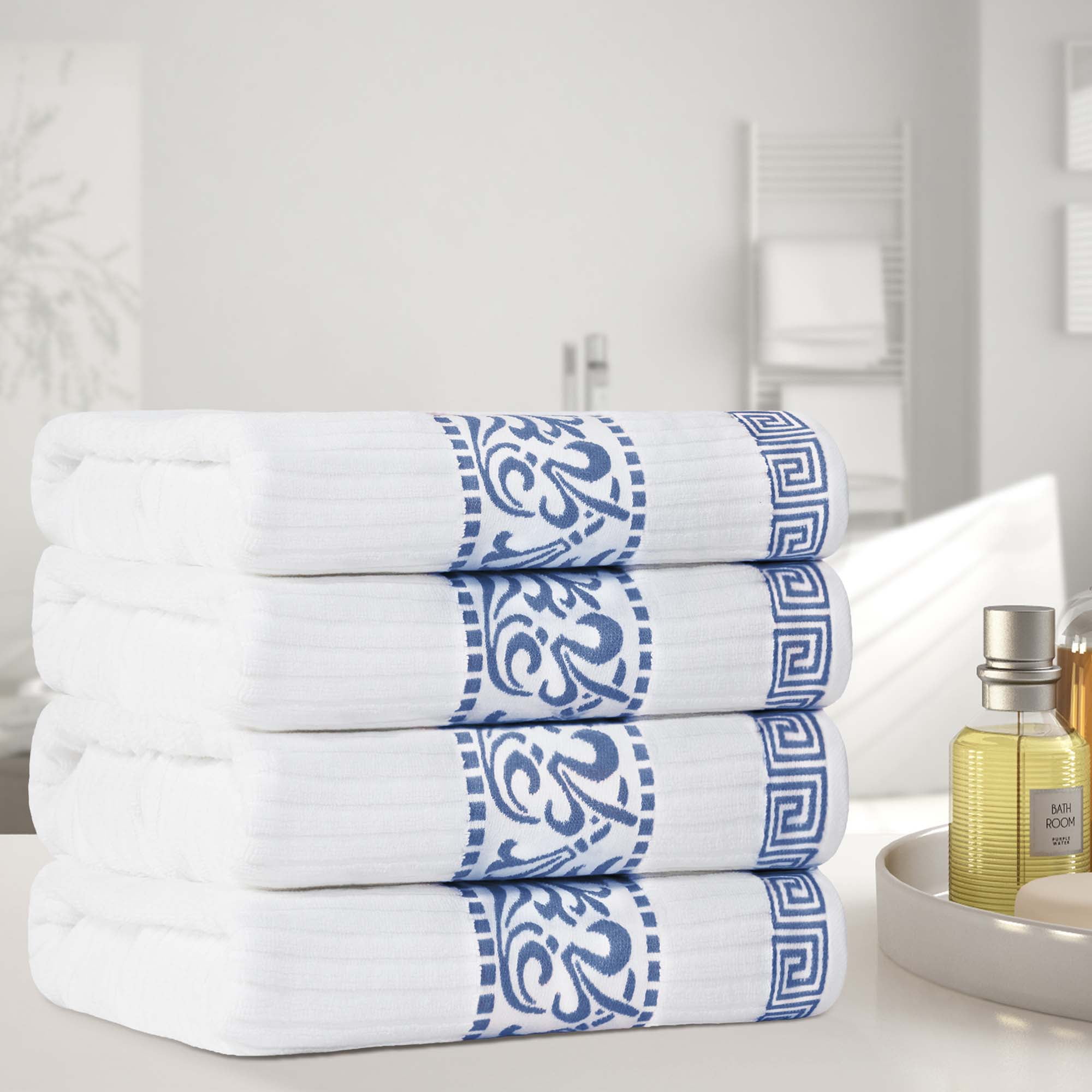 Superior Athens Cotton Greek Scroll Bath Towel Set of 4, Navy Blue ...
