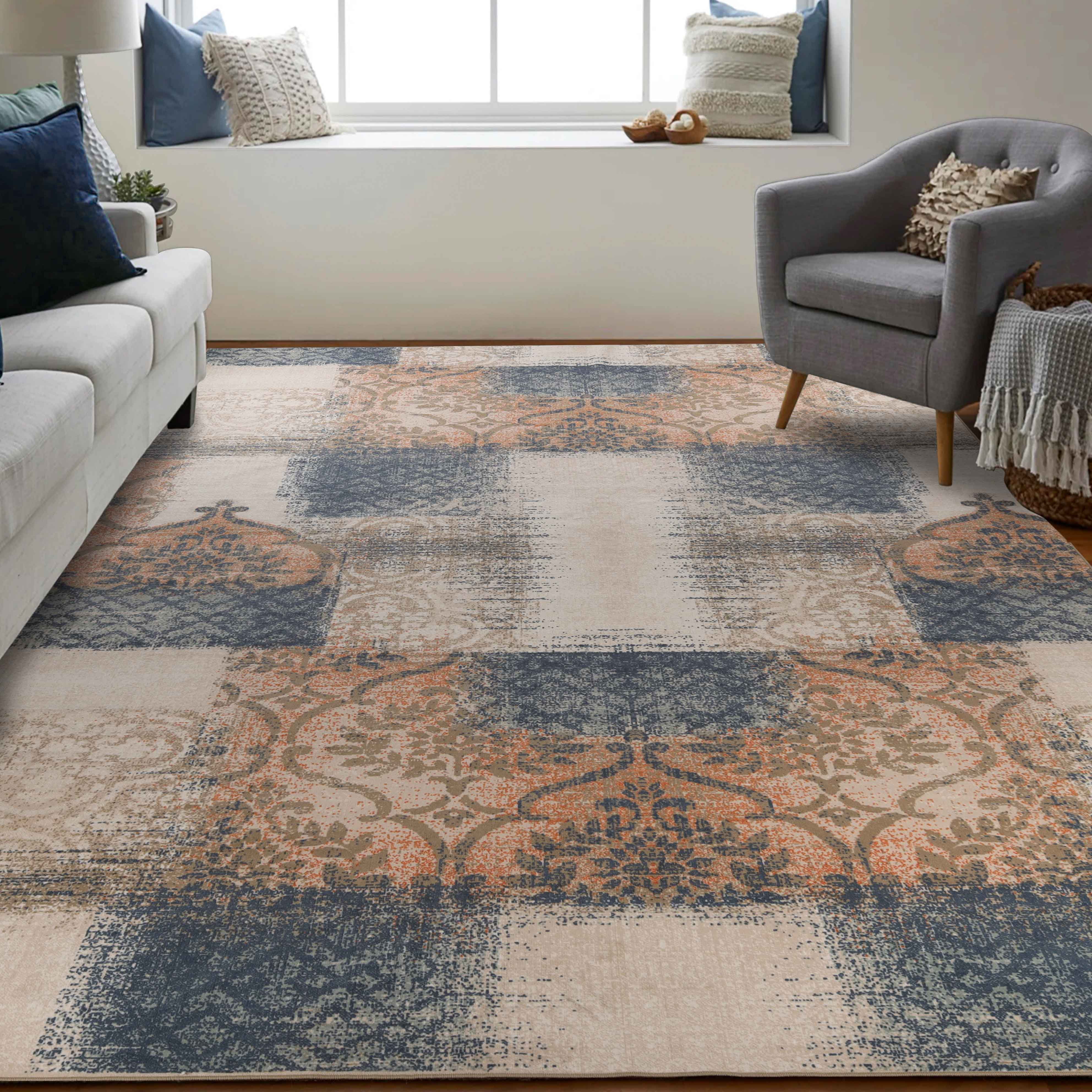 Superior Bristol Indoor Area Rug, 12' x 15', Midnight Navy-Salmon ...