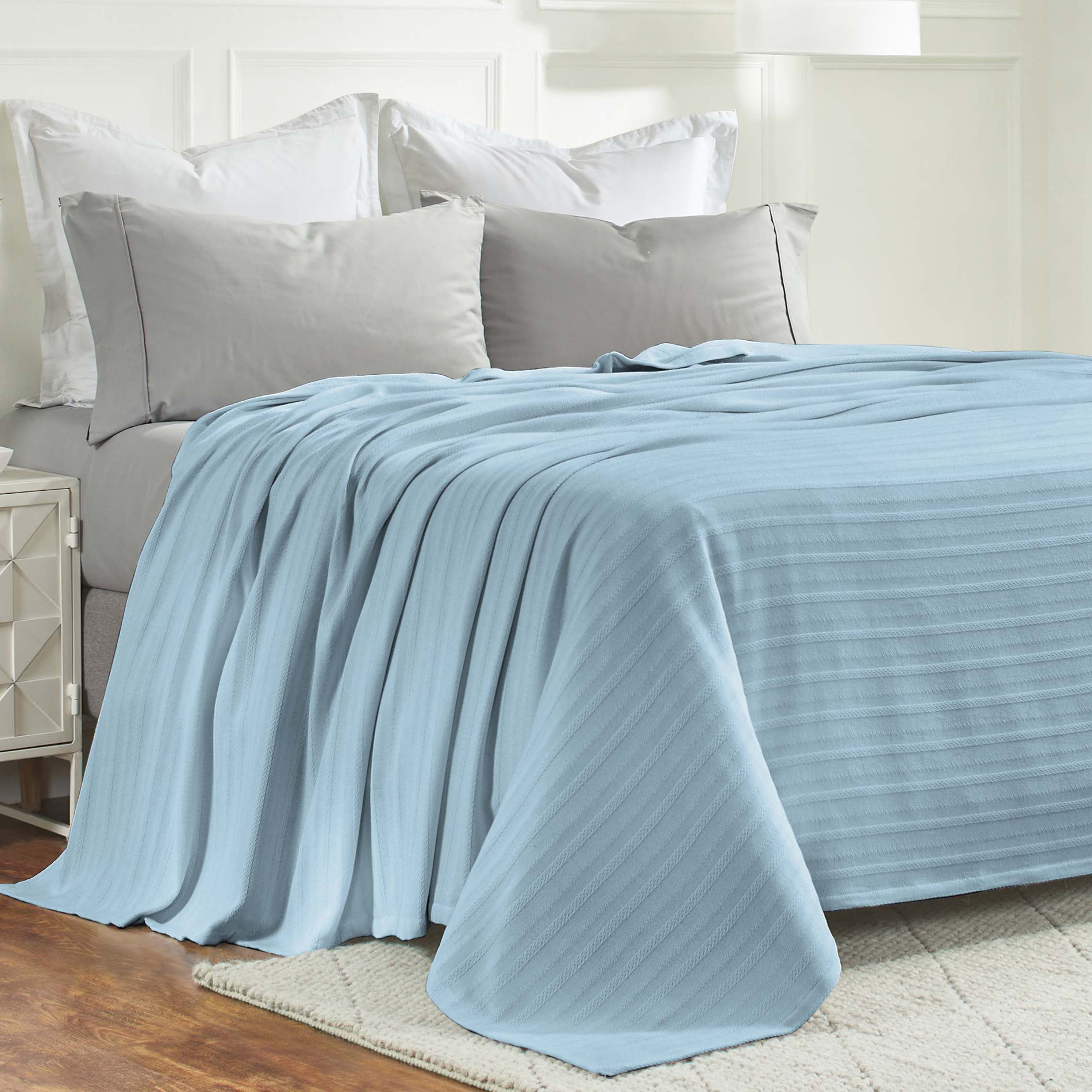 Superior Clara Cotton Striped Woven Blanket, Full Queen, Light Blue ...
