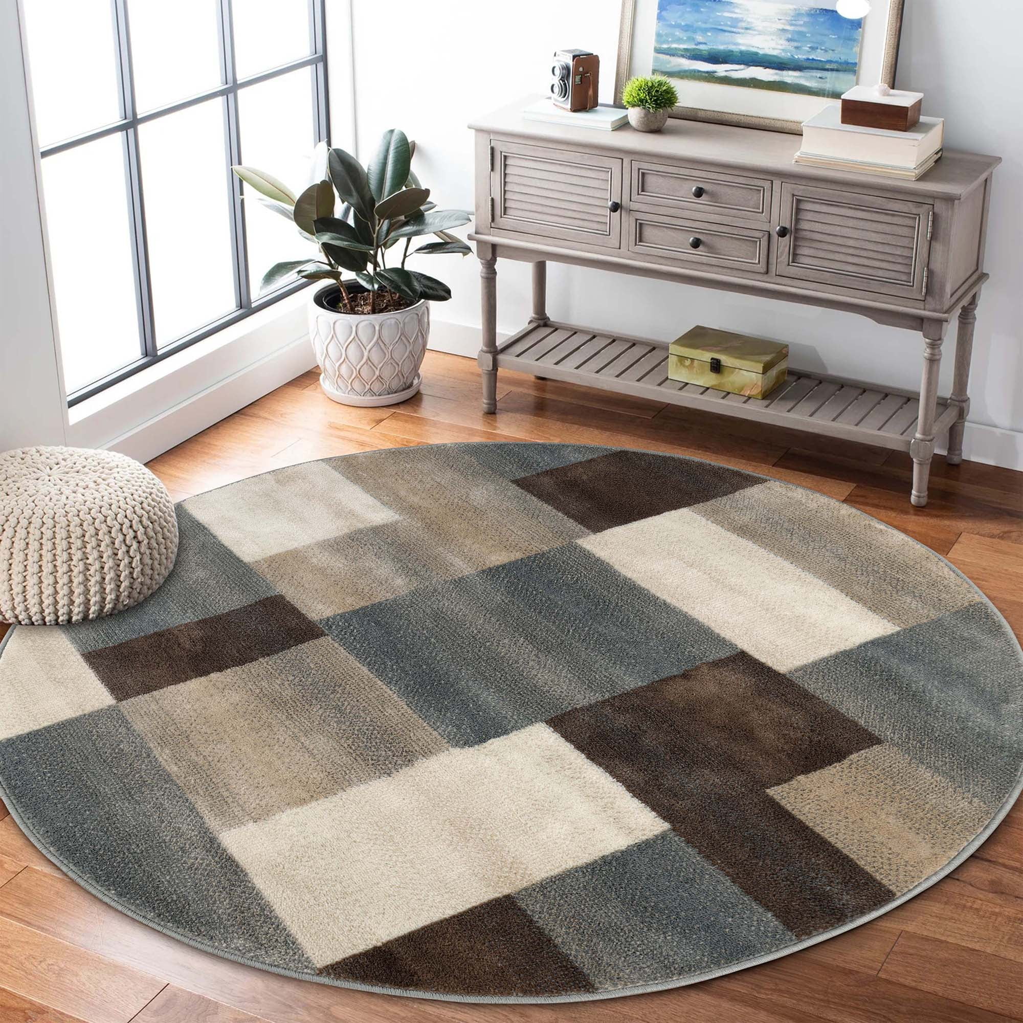 Superior Color Block Area Rug 5' Round, Plush Indoor Rugs For Living ...