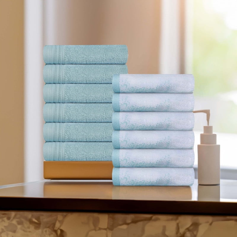 Superior Cotton Face Towel Set of 12, Cyan - Plush, Absorbent, Jacquard ...