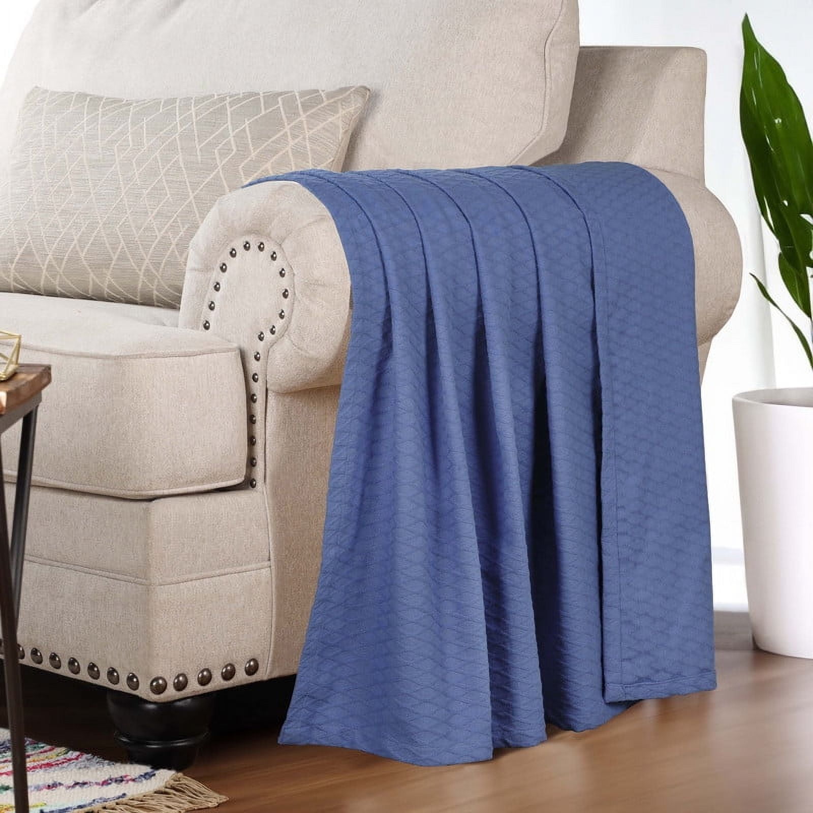 Superior Diamond Weave All-Season Cotton Blanket, Merritt Blue, Throw ...