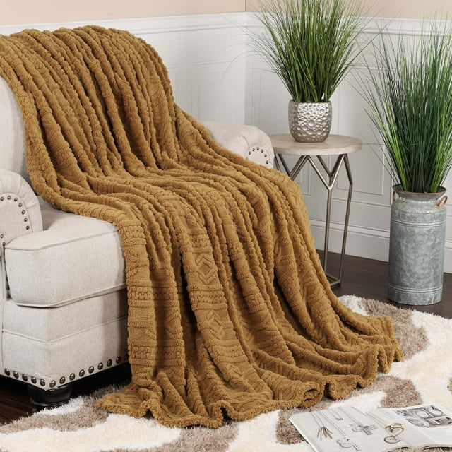 Superior Arctic Fleece Boho Knit Jacquard Blanket, Throw, Camel ...