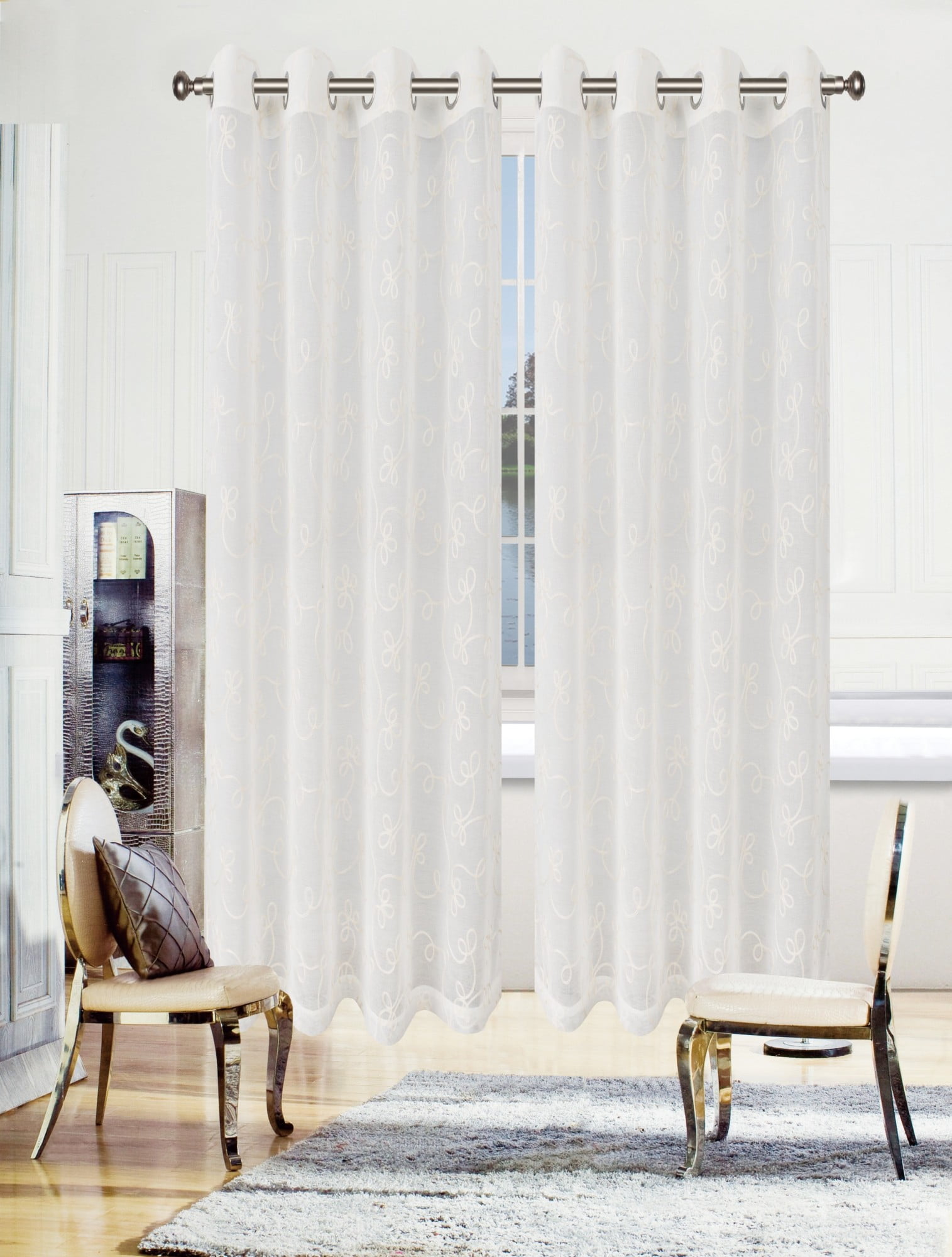Superior Floral Scroll Sheer Curtain Set of 2, 42" x 63", Ivory ...