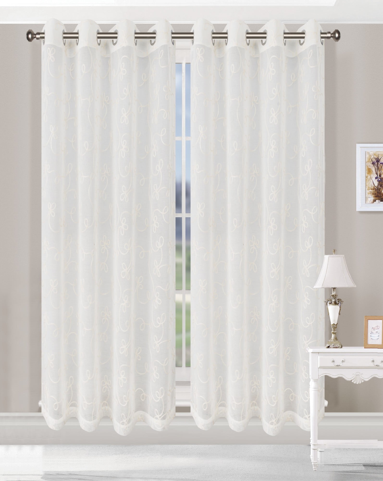 Superior Floral Scroll Sheer Curtain Pannel Set of 2, 52" x 63", Ivory ...