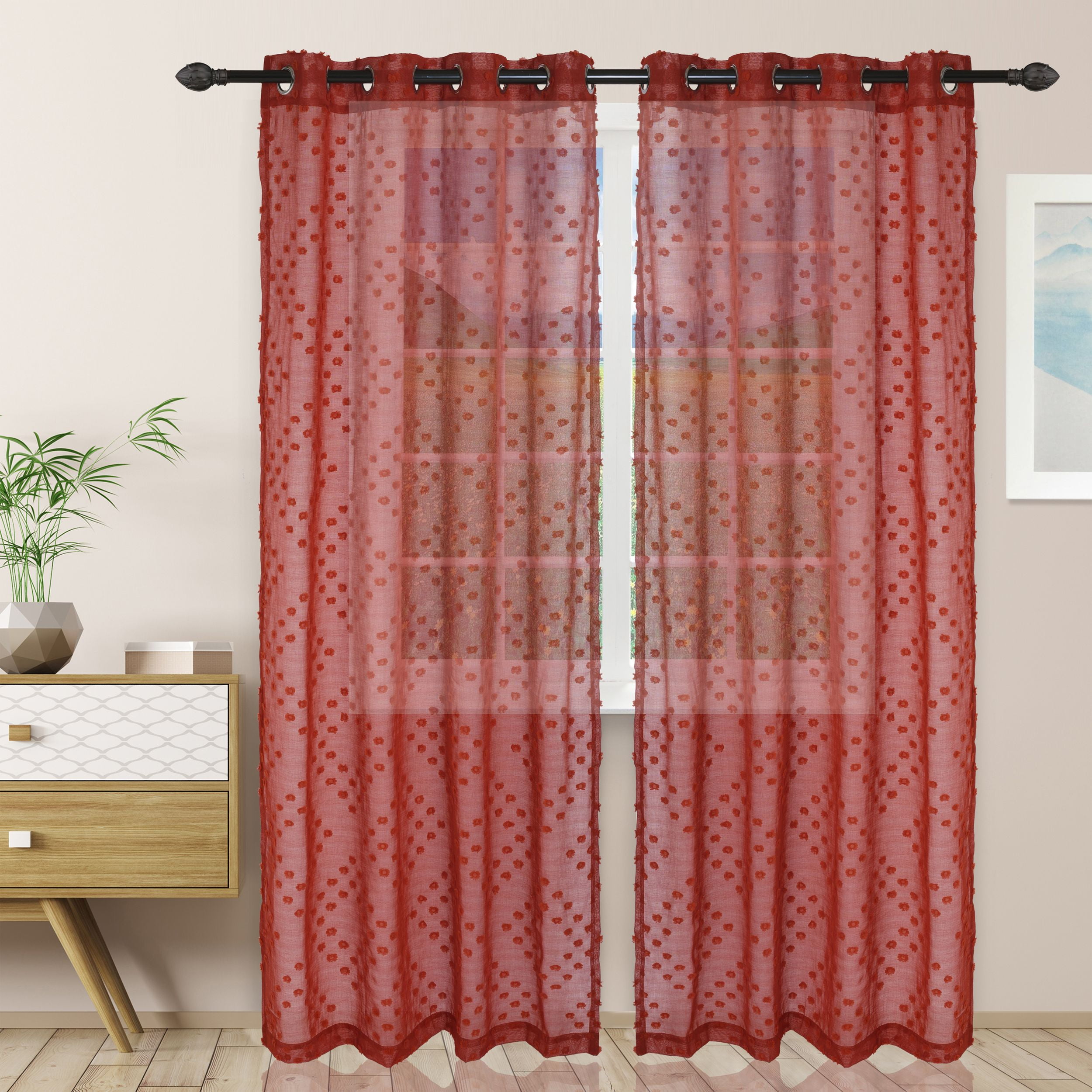 Superior Floral Sheer Curtain Panel 2 Piece Set, 52" x 108", Rust ...