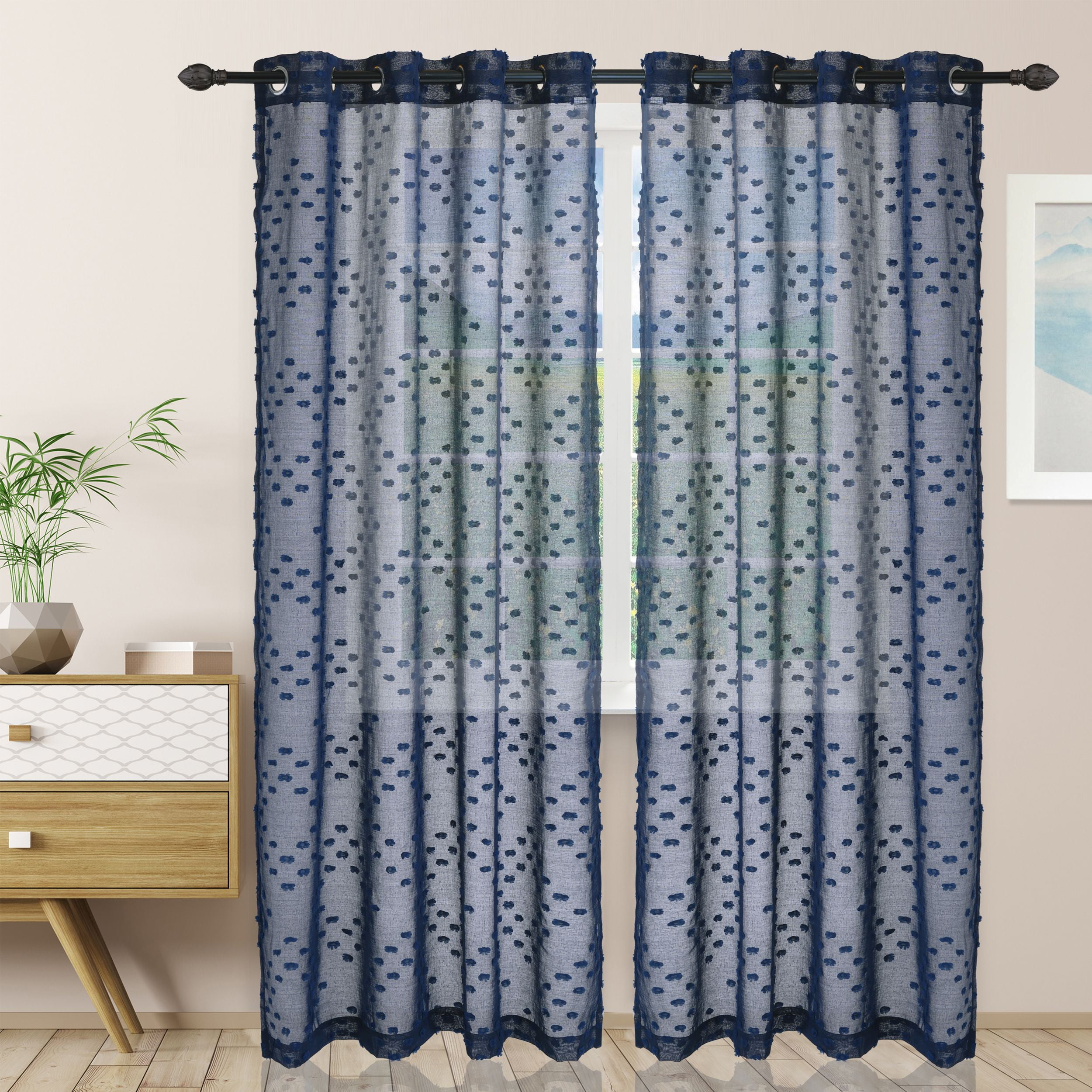 Superior Floral Sheer Curtain Panel 2 Piece Set, 52" x 96", Navy Blue ...