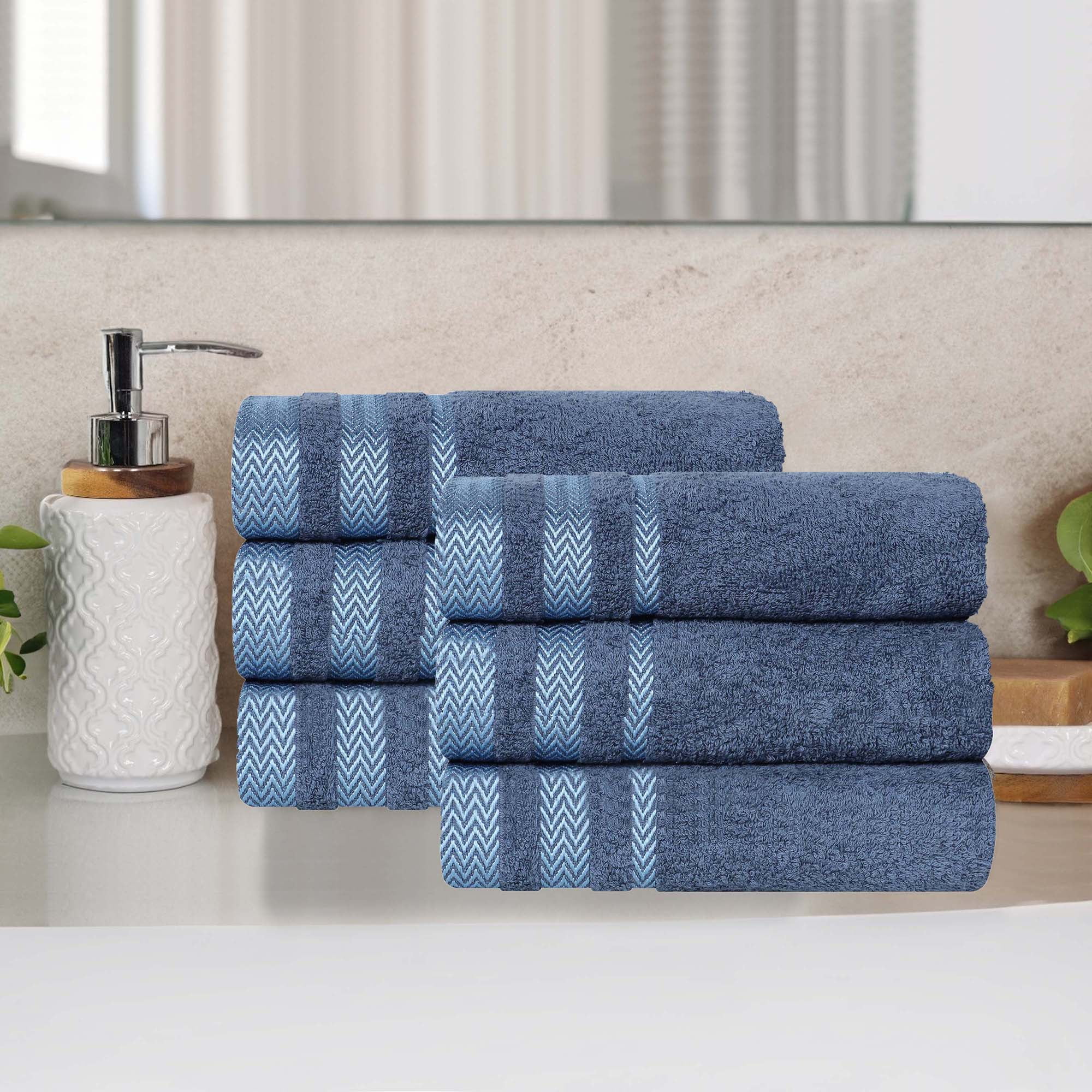 Superior Hays Cotton Plush Soft Hand Towel Set of 6, Navy Blue ...