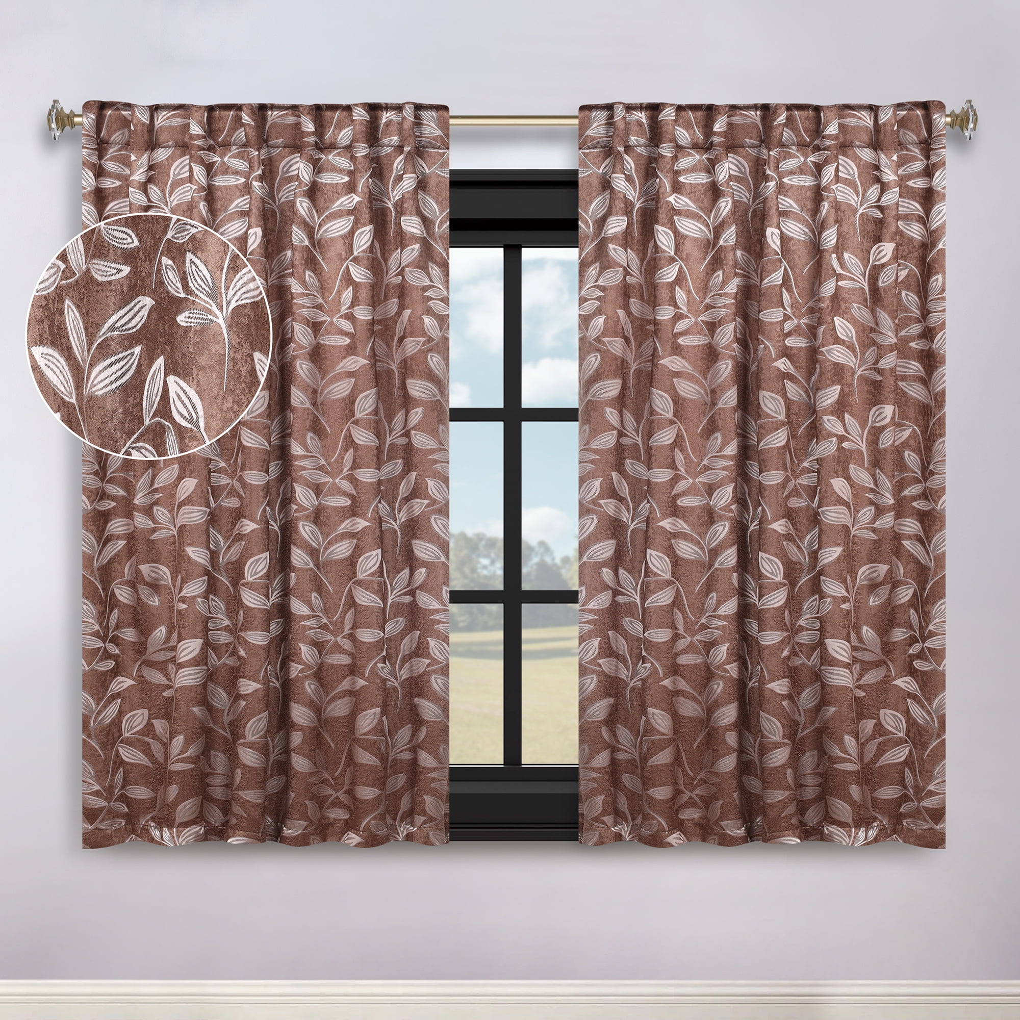 Superior Leaves Blackout Back Tab Curtains - 52 x 63 - Copper - Walmart.com