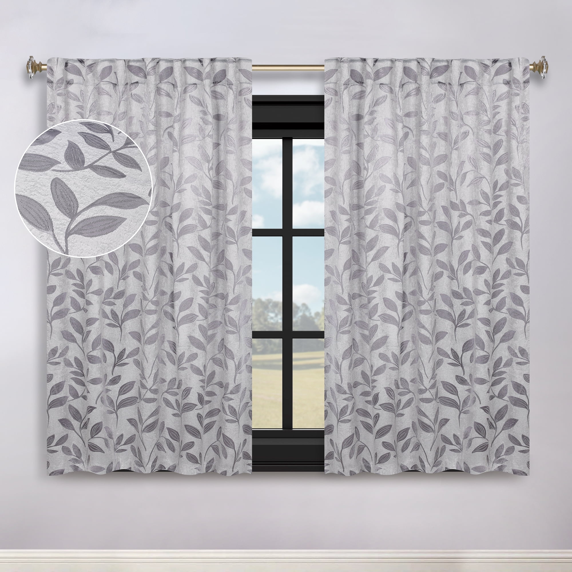 Superior Leaves Blackout Curtains Set of 2 52 x 63 Gray Insulating ...