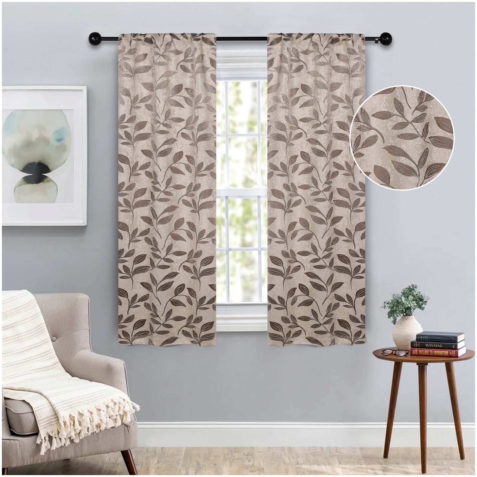 Superior Blackout Leaves Curtains Set of 2, Light Filtering Rod Pocket ...