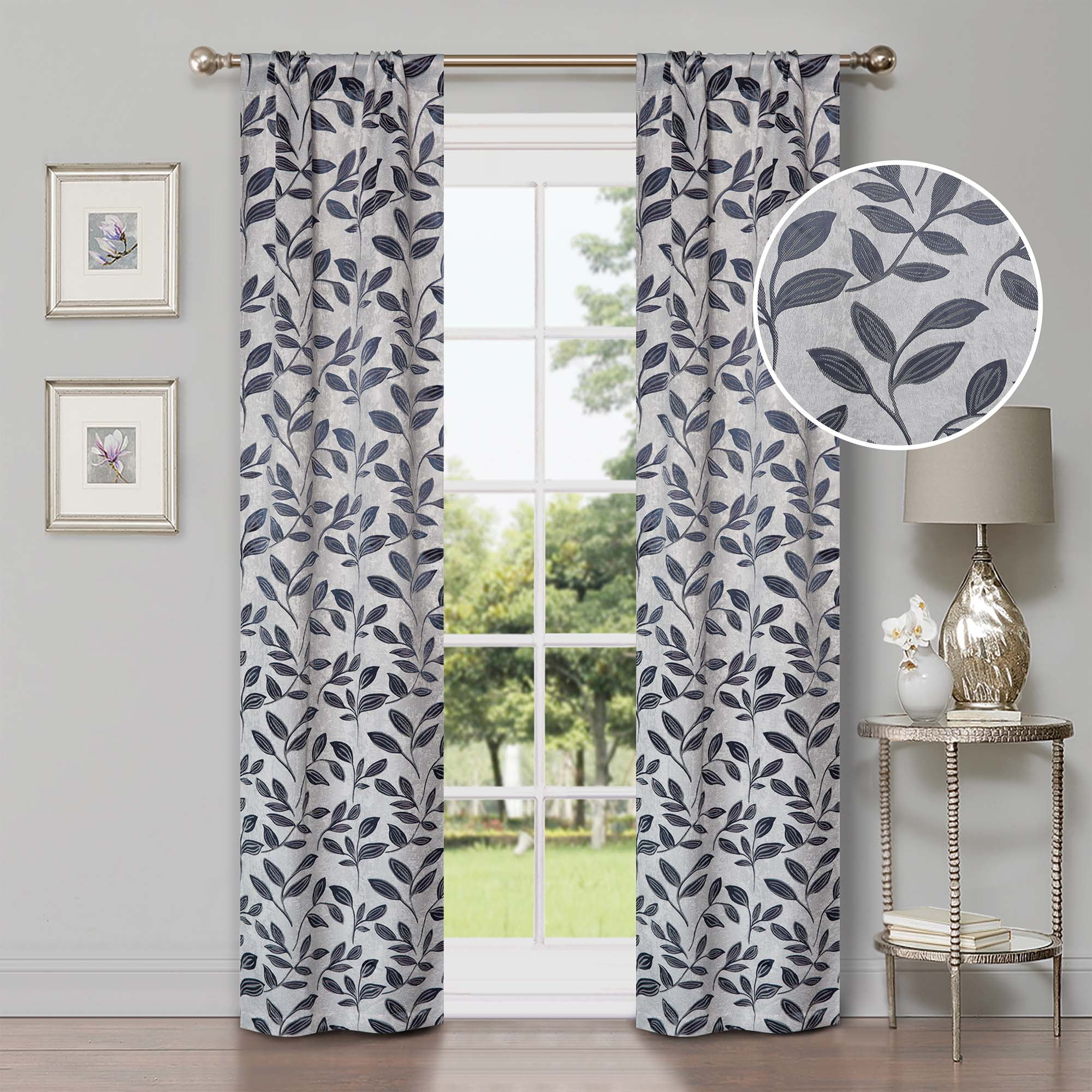 Leaves Blackout Curtain Panel - 26 W x 84 L - White/Navy Blue - Walmart.com