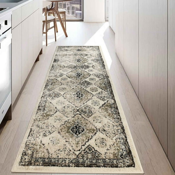 Superior Mayfair Distressed Damask Indoor Runner Rug, 2' 7" x 8', Ivory ...