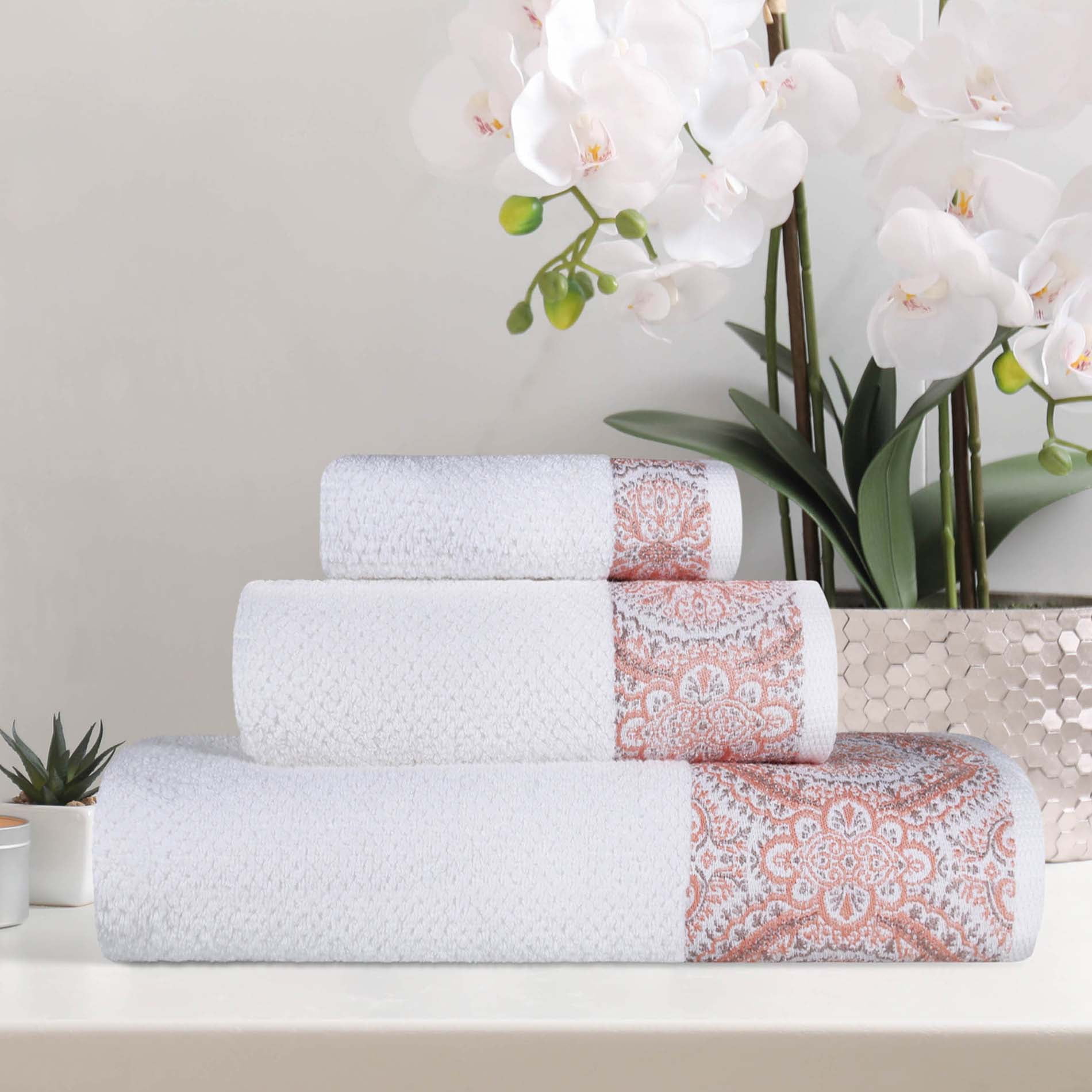 Superior Medallion Cotton 3 Piece Bath & Hand Towel Set, White ...