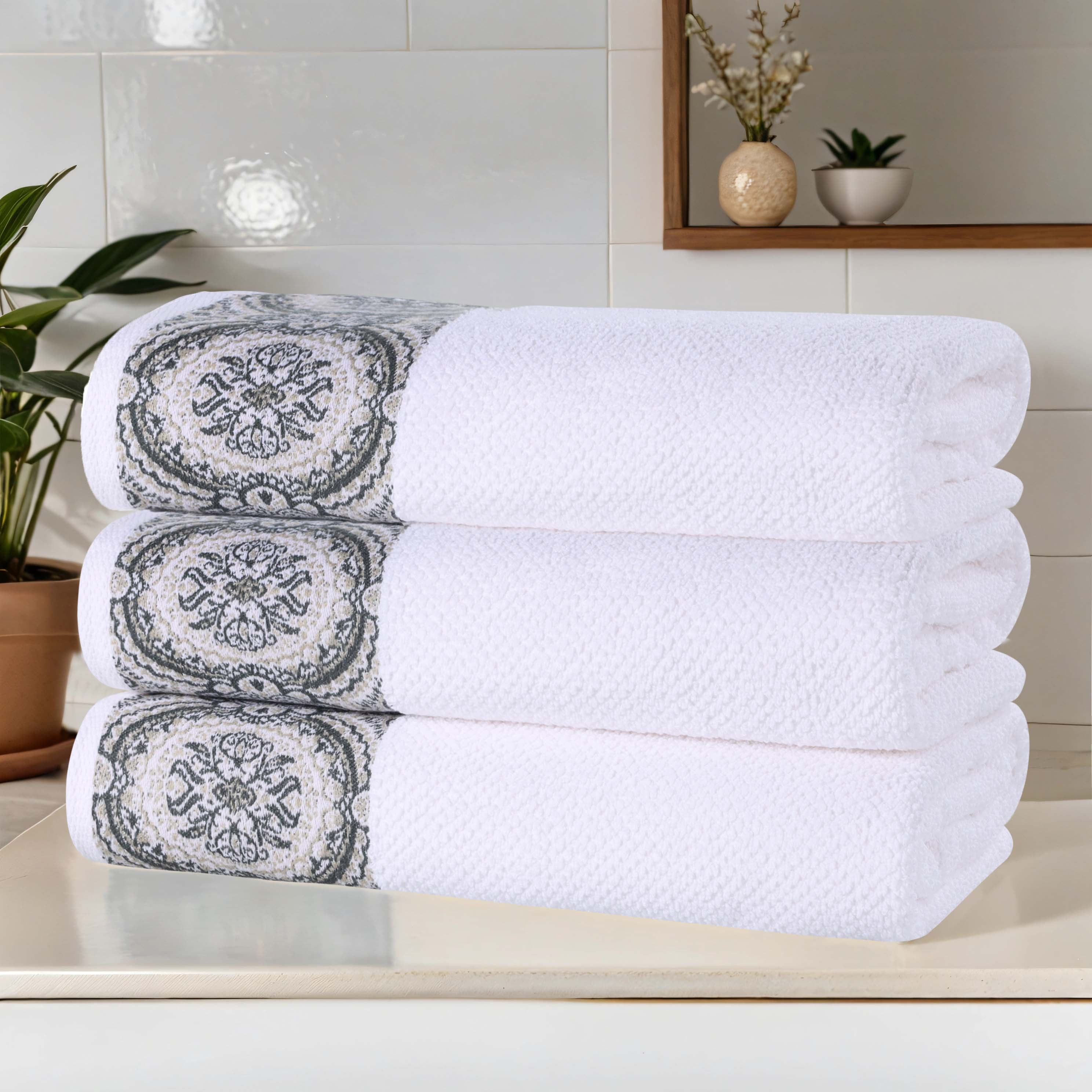 Superior Medallion Cotton Bath Towels Set, 3 Pack, White Stone, Soft ...