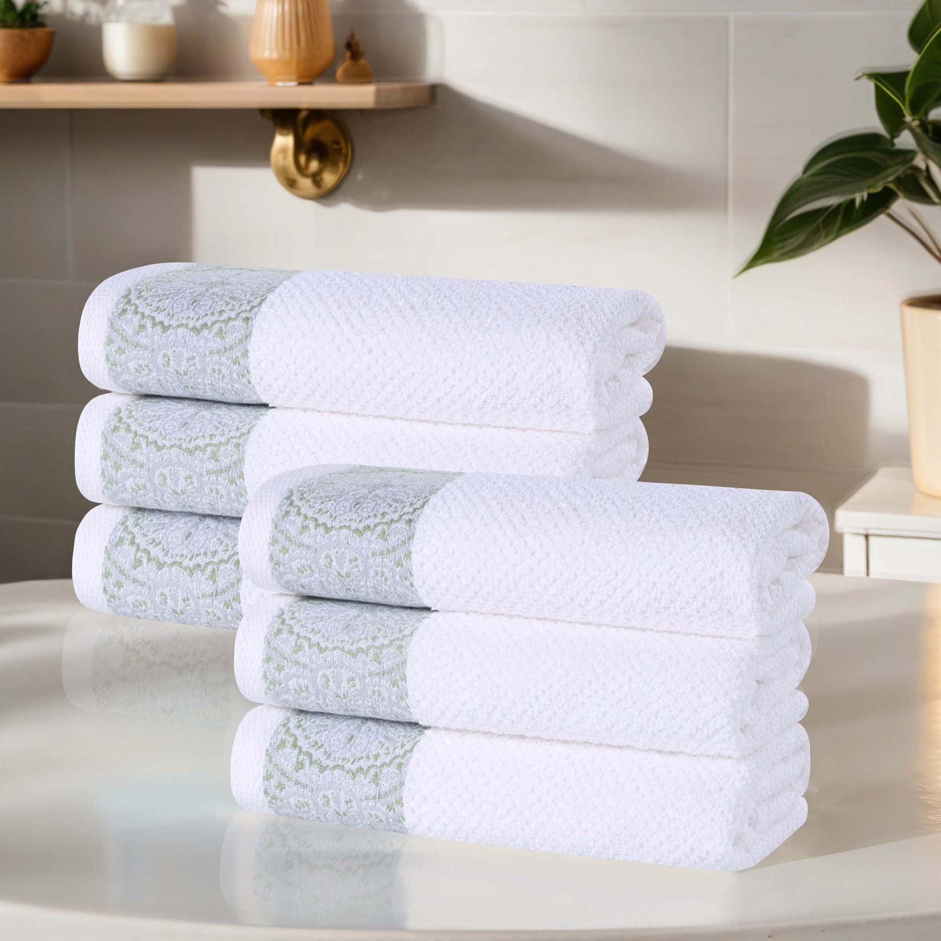 Superior Medallion Cotton Hand Towels, Set of 6, White/ Silver ...