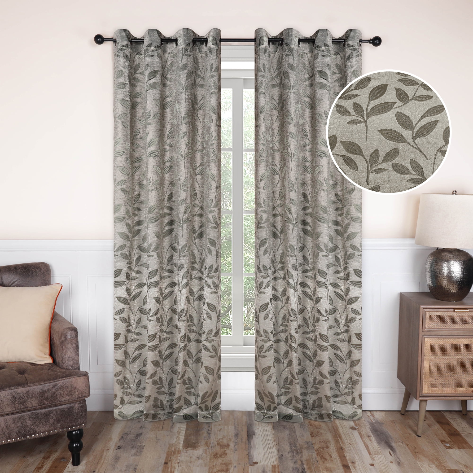 Superior Leaves Blackout Curtain Set, 8 Grommets, 52" x 63", Sage ...
