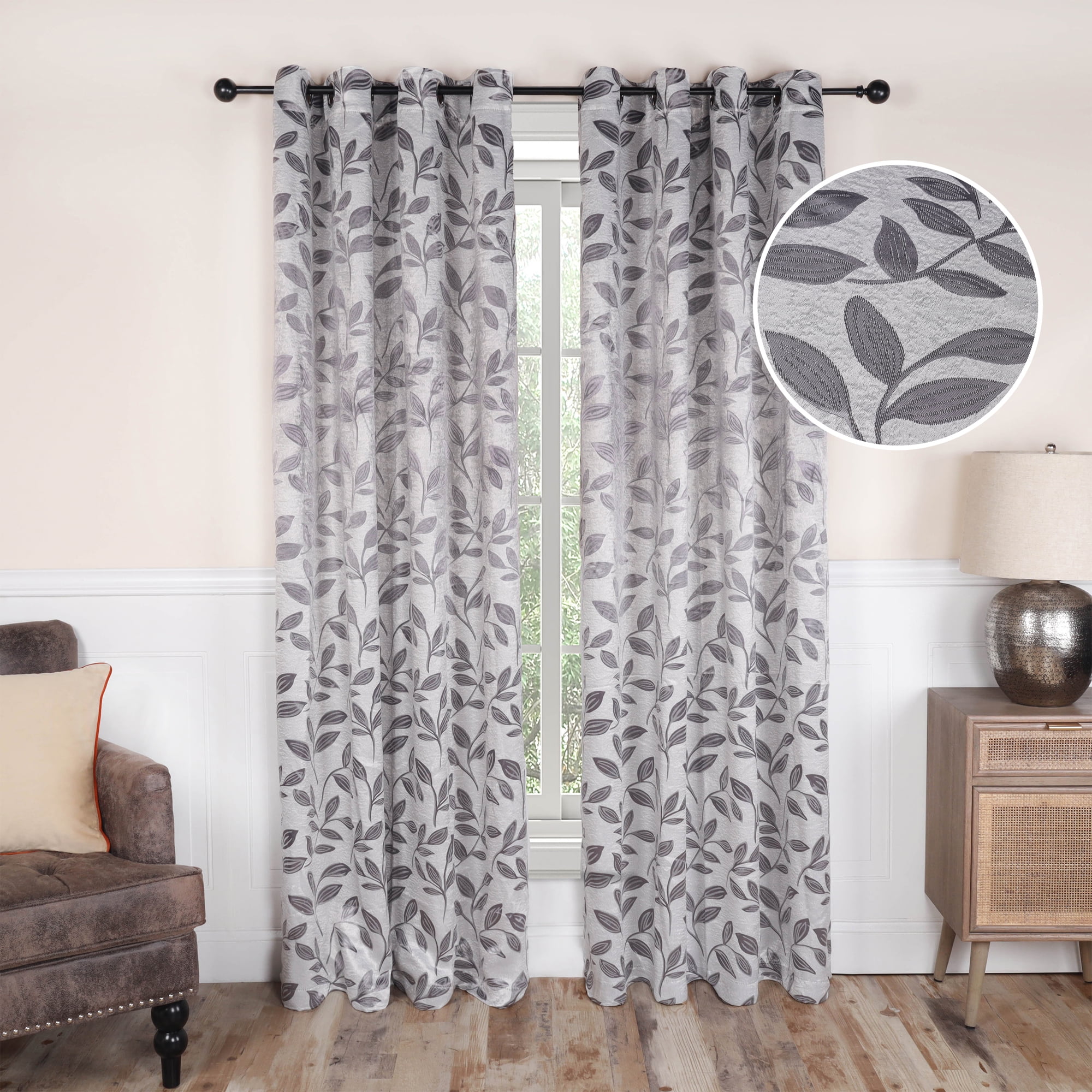 Superior Leaves Blackout Curtain Set, 8 Grommets, 52" x 96", Grey ...