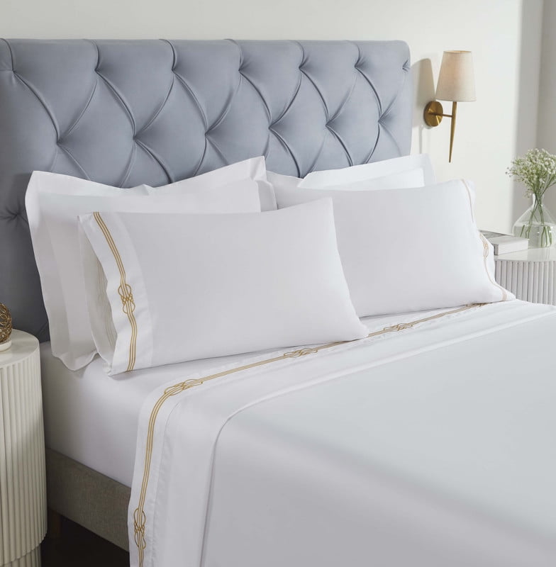 Superior Moonlawn Embroidered Cotton Bed Sheet Set, Queen, White/Gold ...