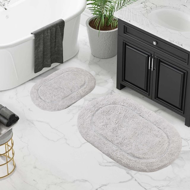 Superior Non-Slip Washable Bath Rug Set, 20" x 30", 24" x 36", Silver ...
