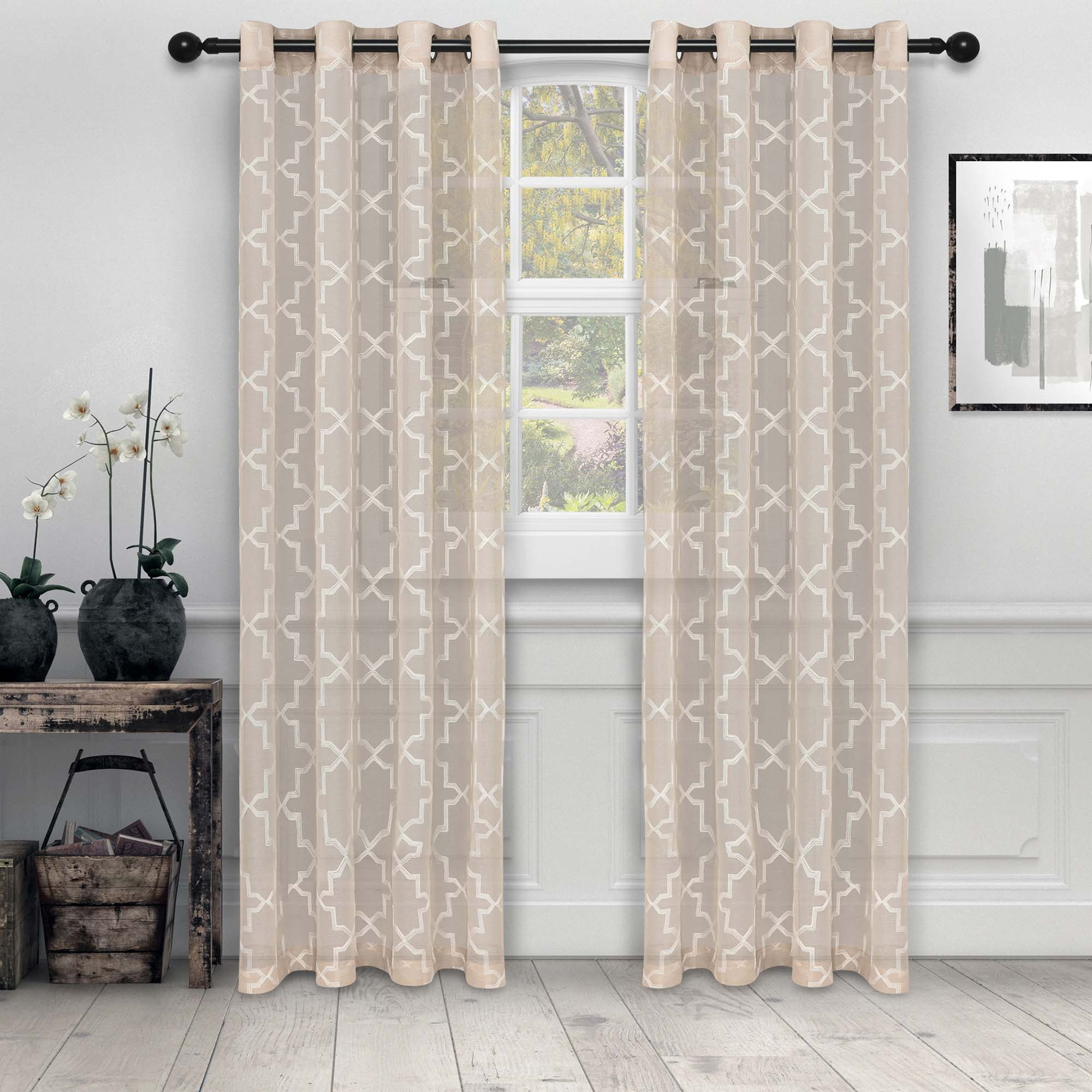 Superior Quatrefoil Embroidered Sheet Grommet Curtain Panel, Set of 2 ...