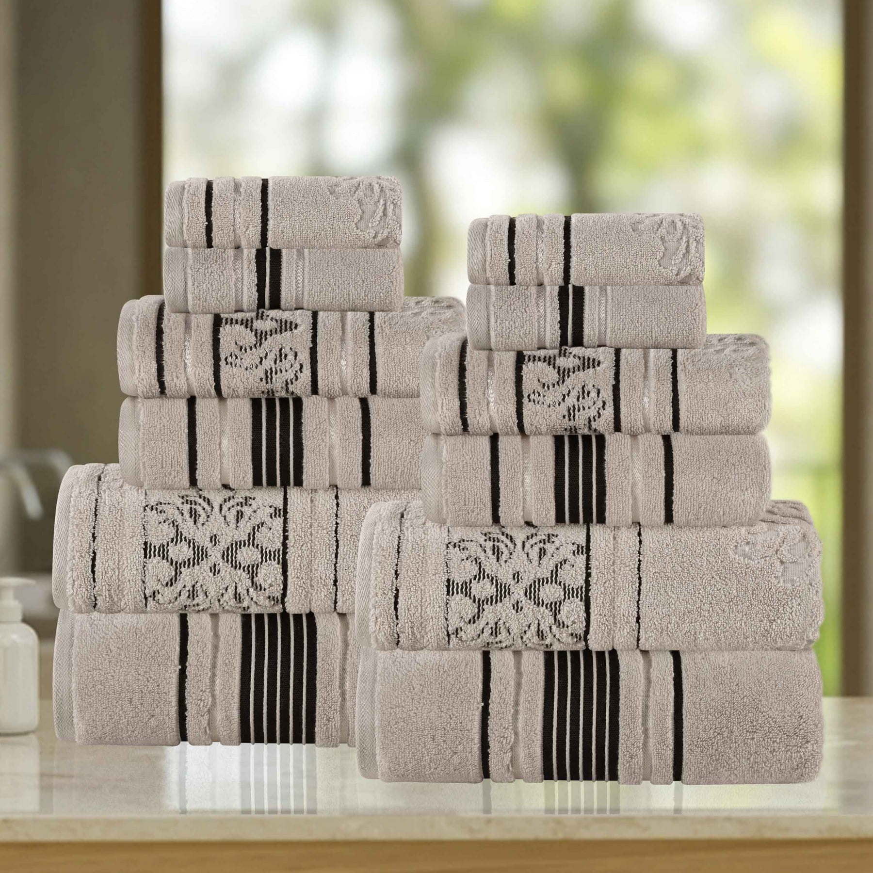 Superior Sadie Zero Twist Cotton Floral 12 Piece Towel Set, Stone ...