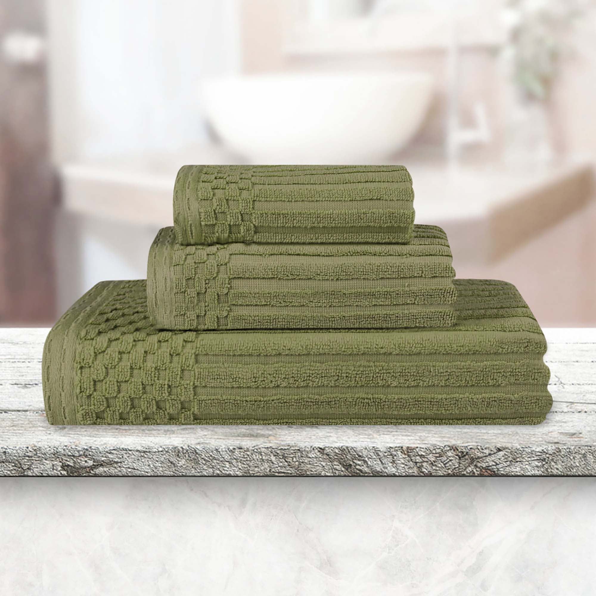 Superior Soho Cotton Ribbed Checkered 3-Piece Towel Set, Sage - Hand ...