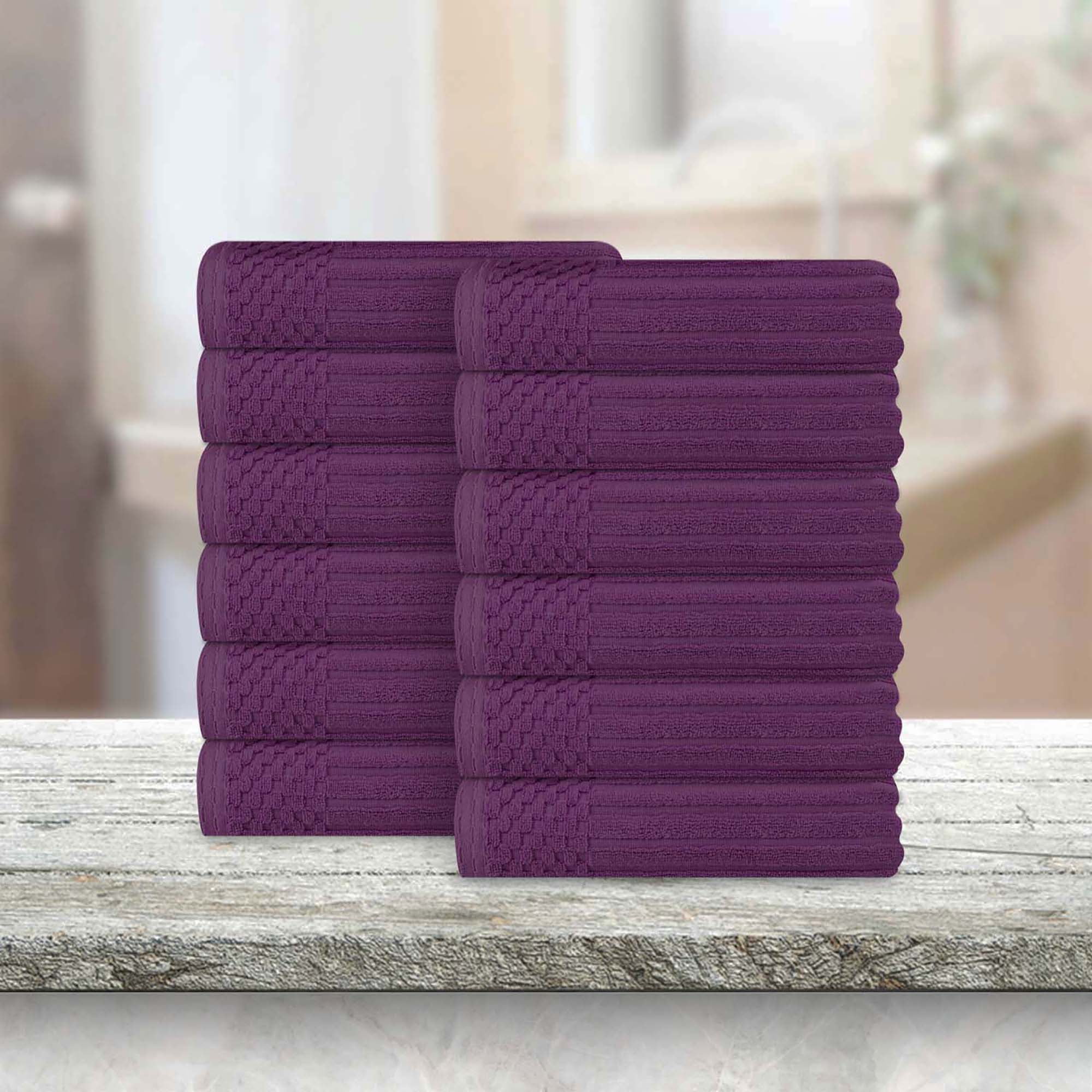 Superior Soho Cotton Ribbed Checkered Washcloths Set of 12 Plum Soft ...
