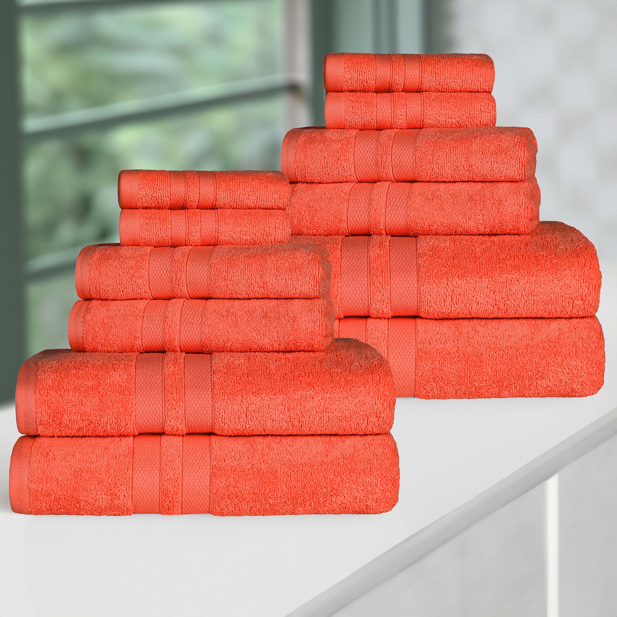 Superior Ultra Soft Cotton Solid 12-Piece Towel Sets, Tangerine ...