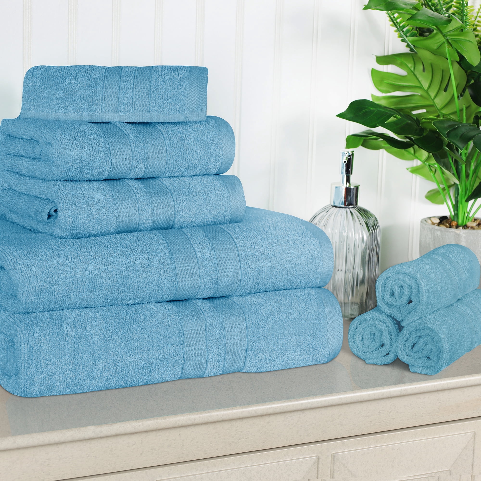 Superior Ultra Soft Cotton Solid 8-Piece Towel Sets, Denim Blue ...