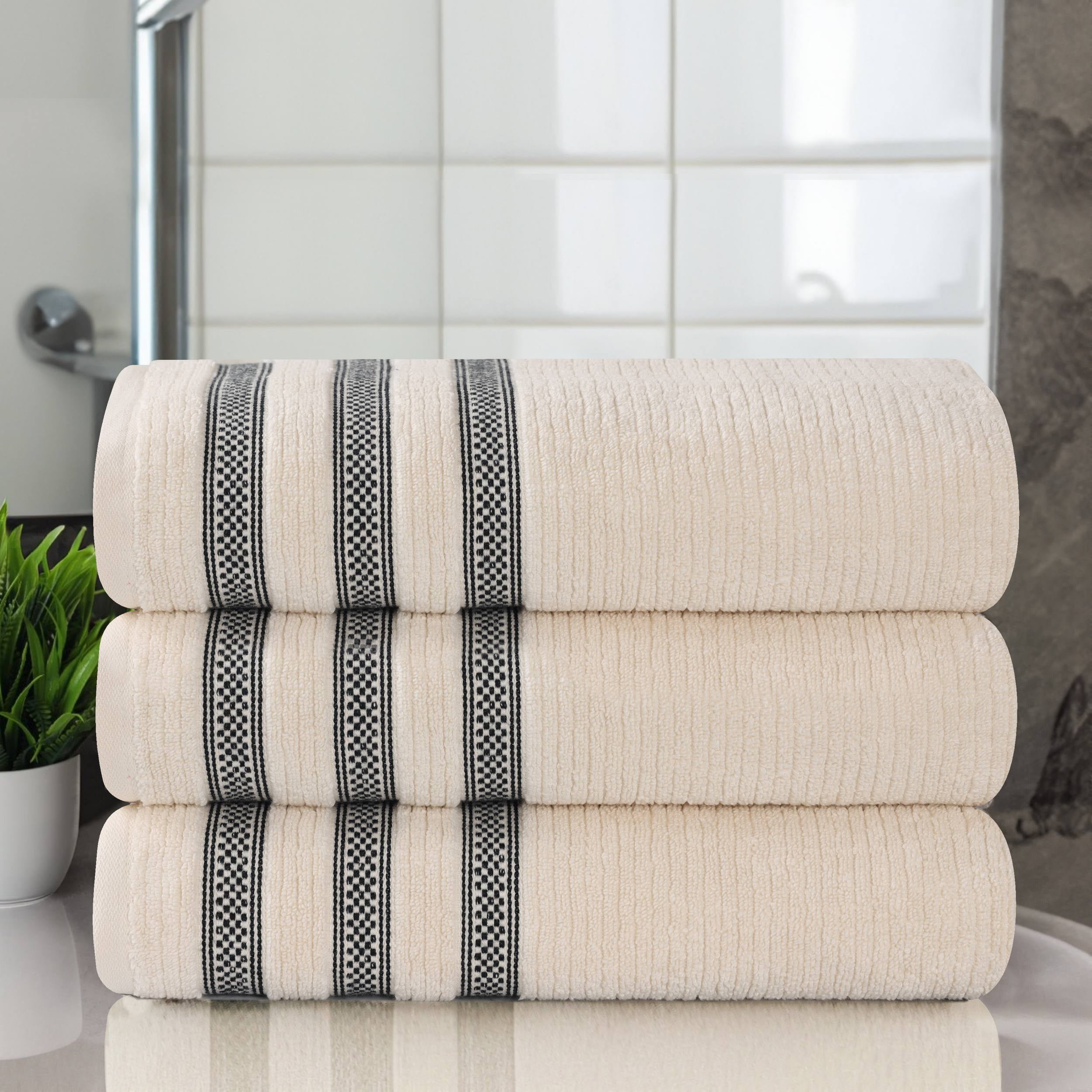 Superior Zero Twist Cotton Ribbed Geometric Bath Towel Set of 3 , Ivory ...