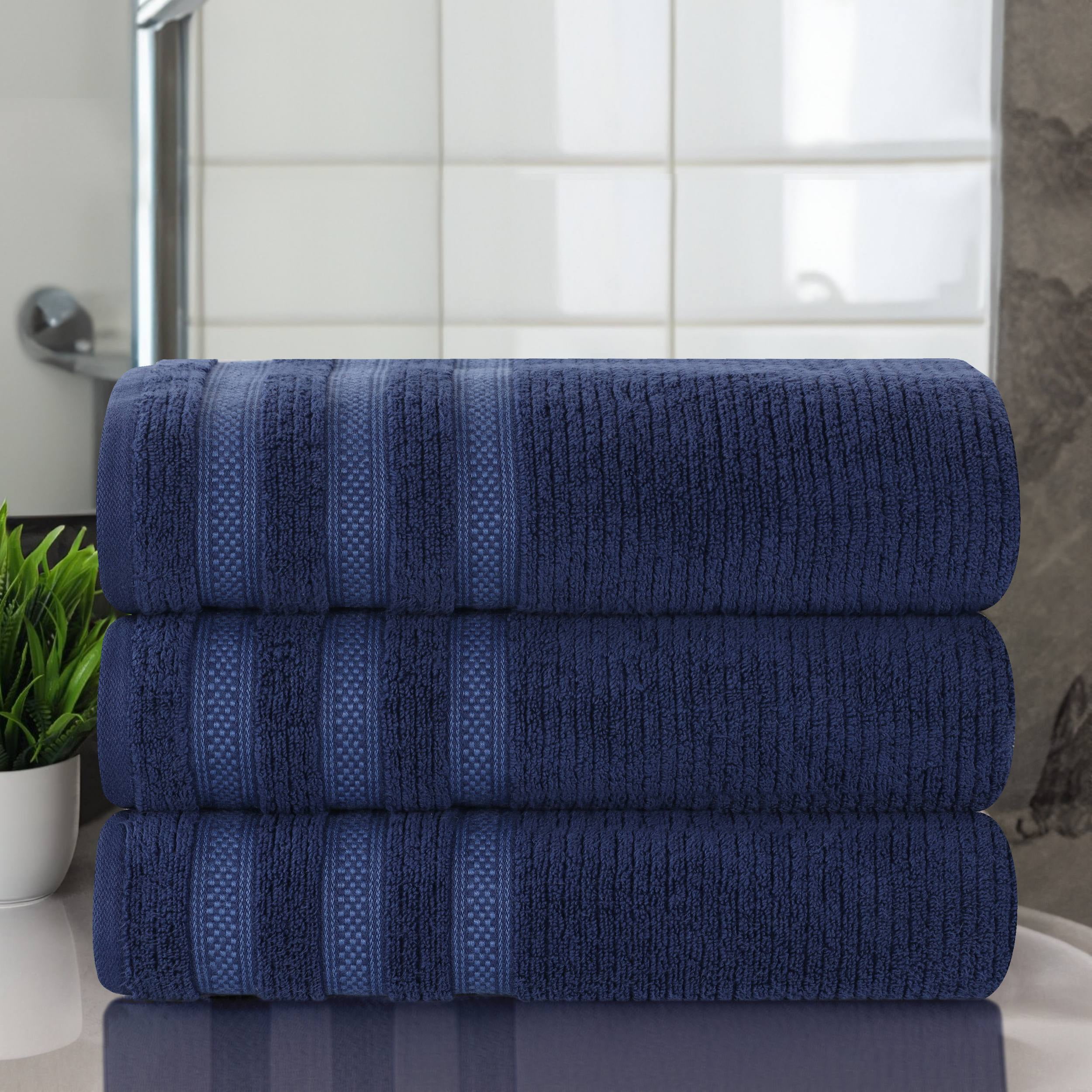 Superior Zero Twist Cotton Ribbed Geometric Bath Towel Set of 3 , Navy ...