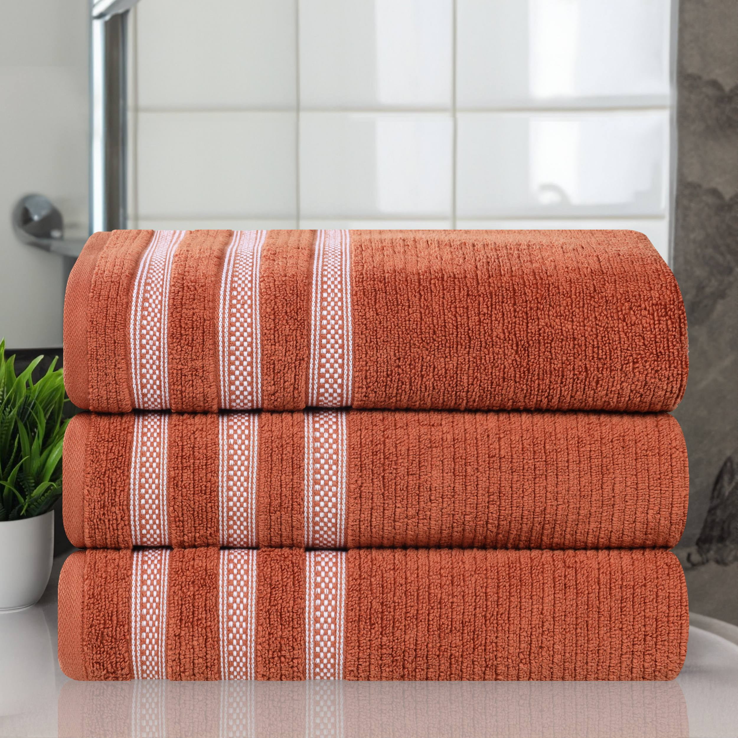 Superior Zero Twist Cotton Ribbed Geometric Bath Towel Set of 3 , Rust ...