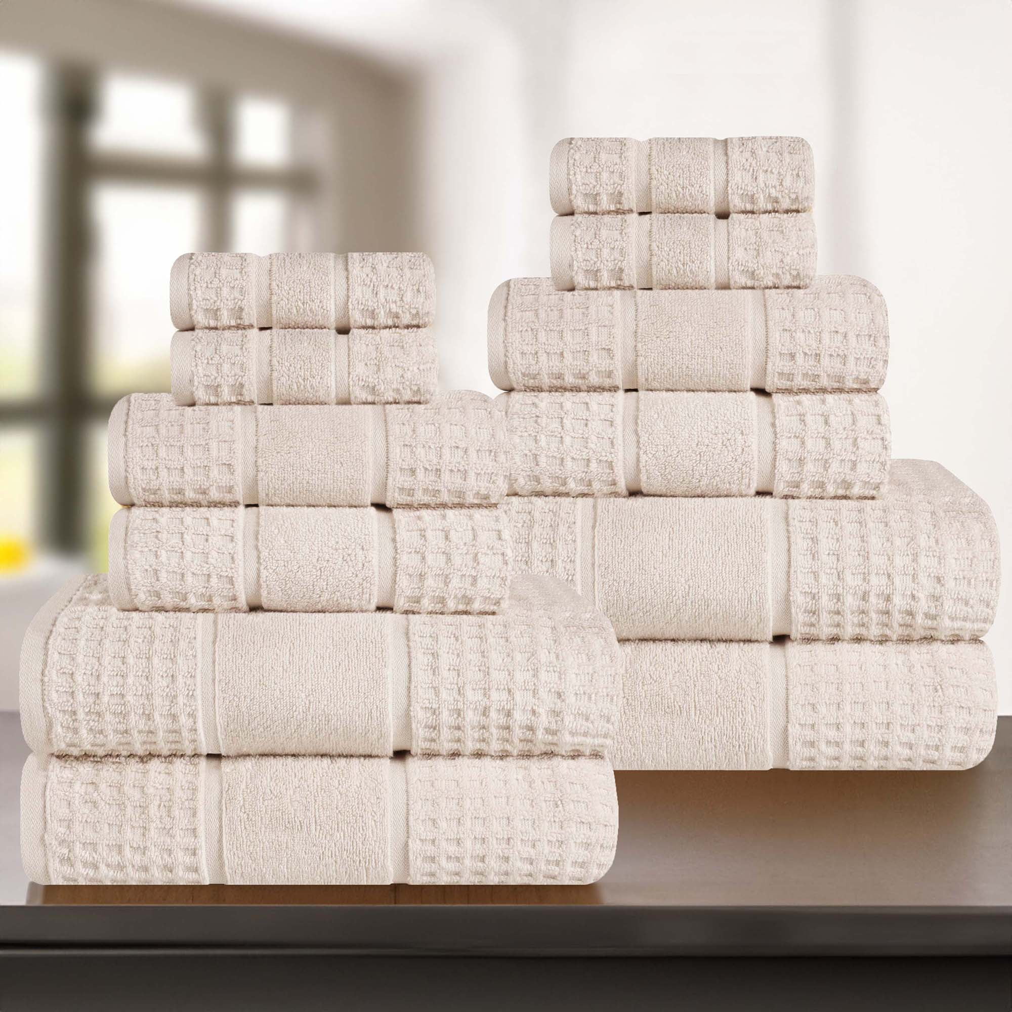 Superior Zero Twist Cotton Waffle Border 12-Piece Towel Set, Ivory ...