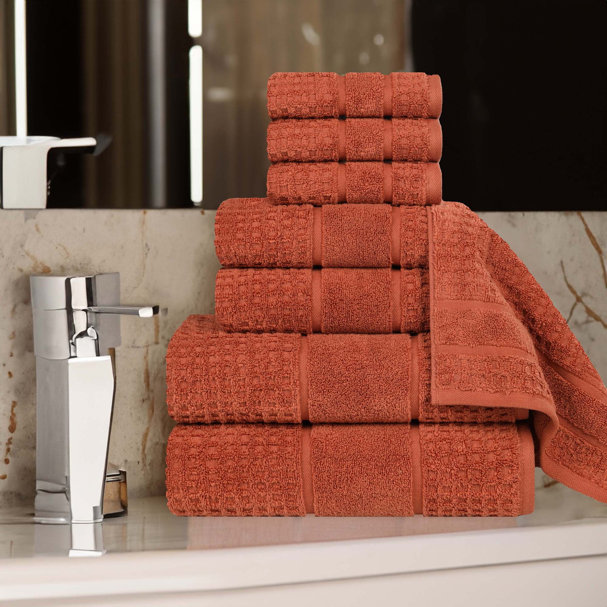 Superior Zero Twist Cotton Waffle Border 8-Piece Towel Set, Rust ...