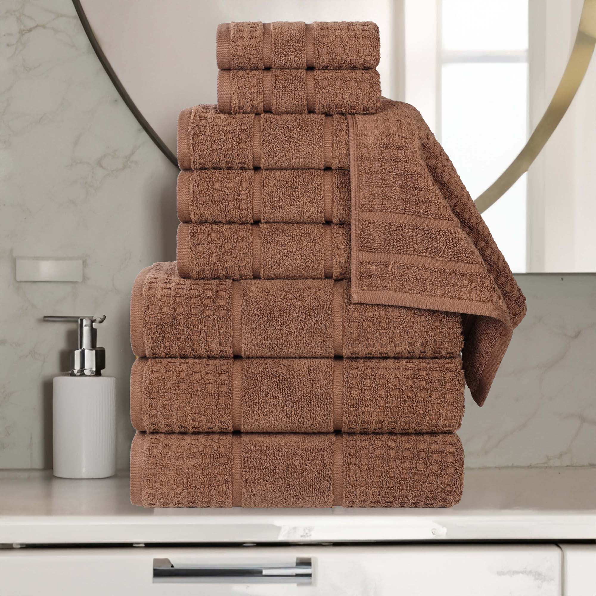 Superior Zero Twist Cotton Waffle Border 9-Piece Towel Set, Chocolate ...