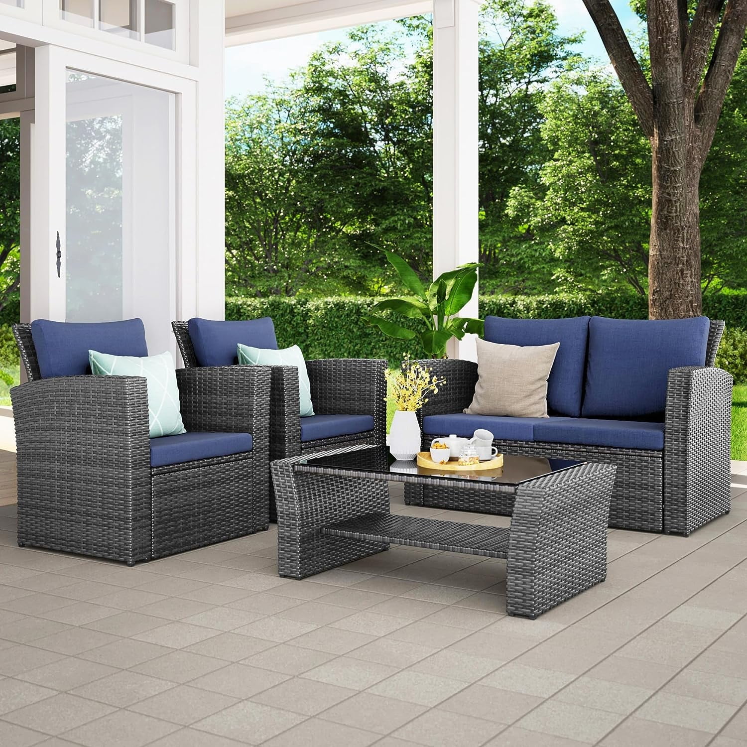 Superjoe 4 Piece Outdoor Patio Furniture Set Rattan Sectional Conversation Set Blue