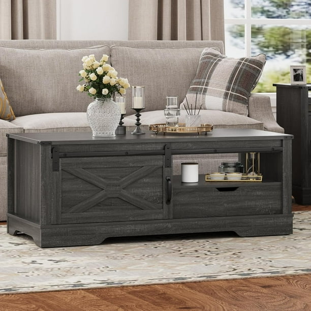 Superjoe 48" Farmhouse Coffee Table w/Storage & Sliding Barn Door Wood ...