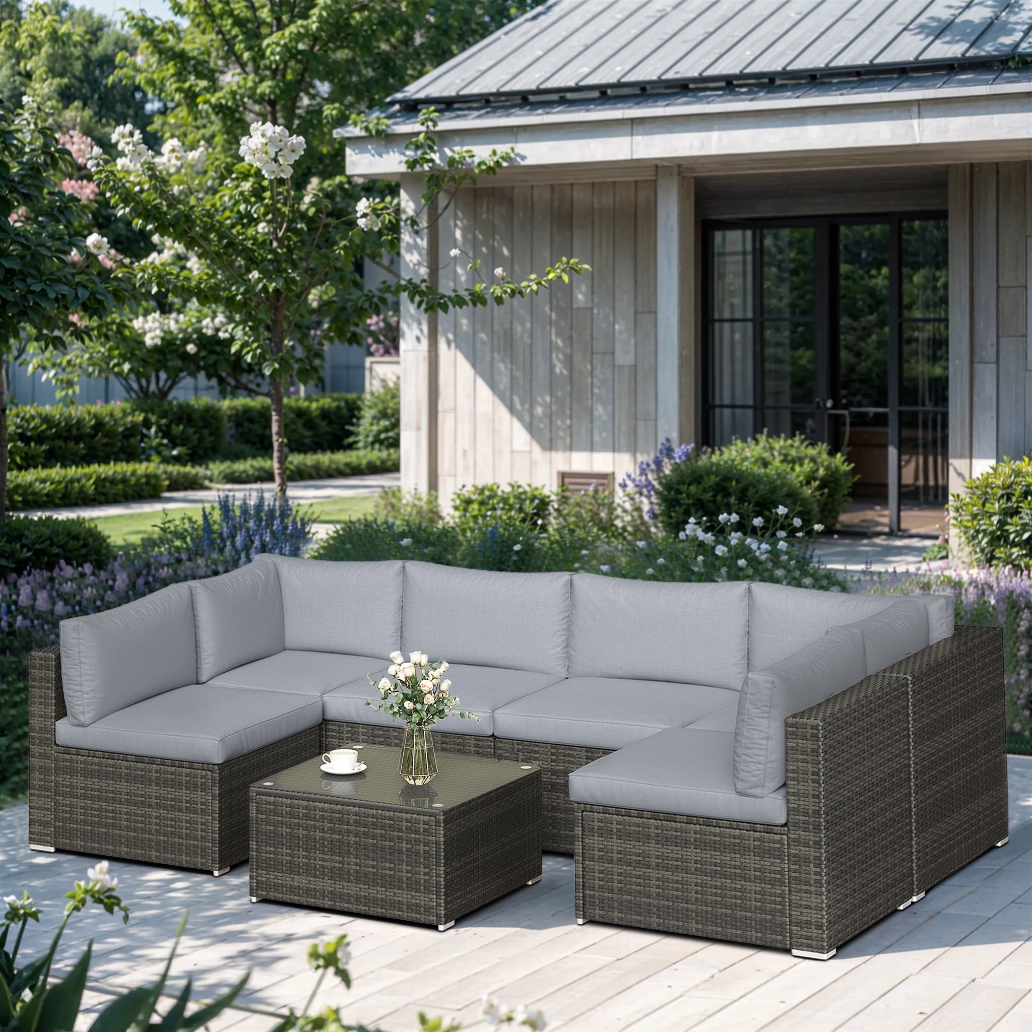 Superjoe 7-Piece Modular Patio Furniture Set, Wicker Outdoor Sectional ...