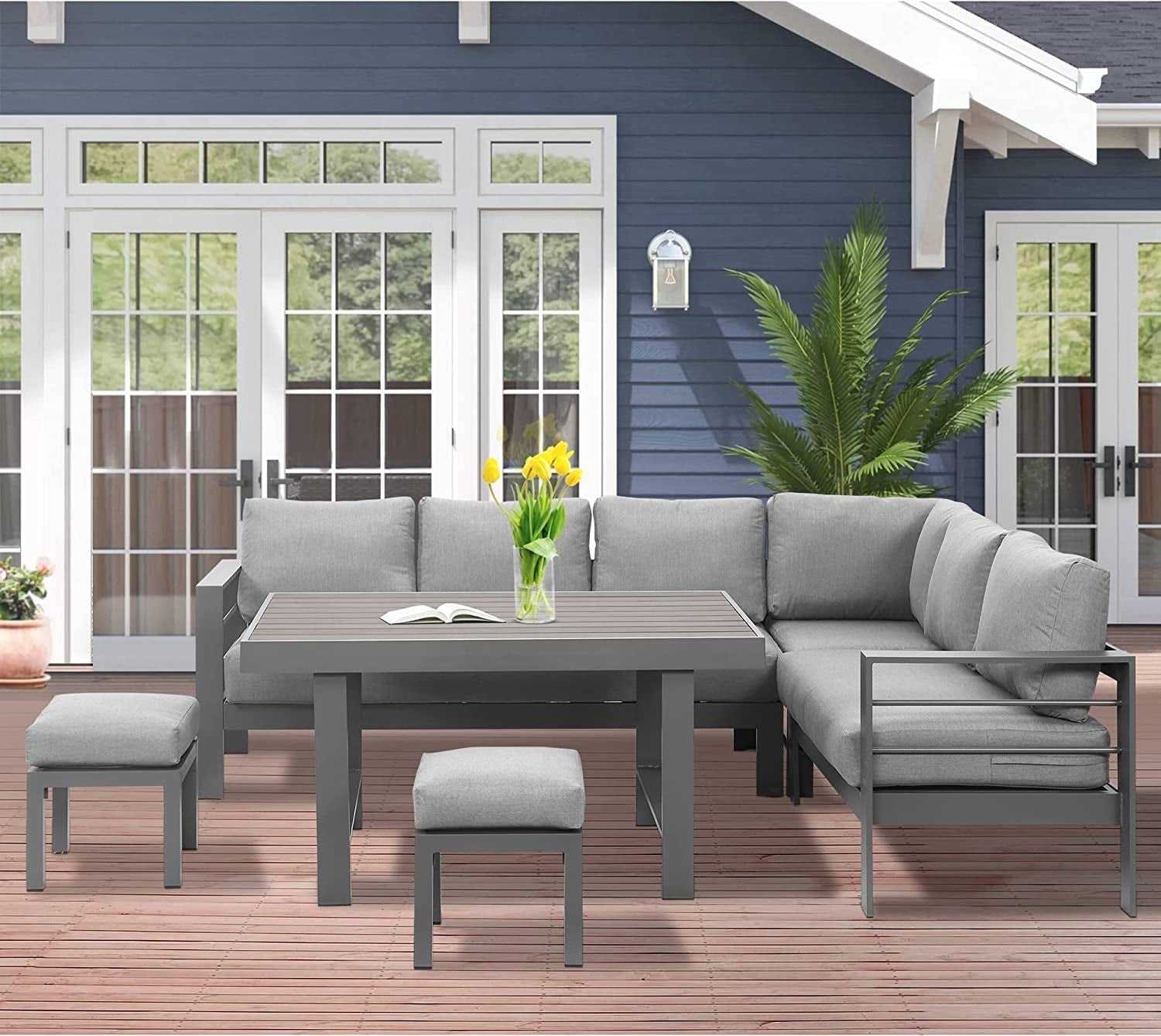 Superjoe Aluminum Outdoor Conversation Sets with Dining Table, Gray ...