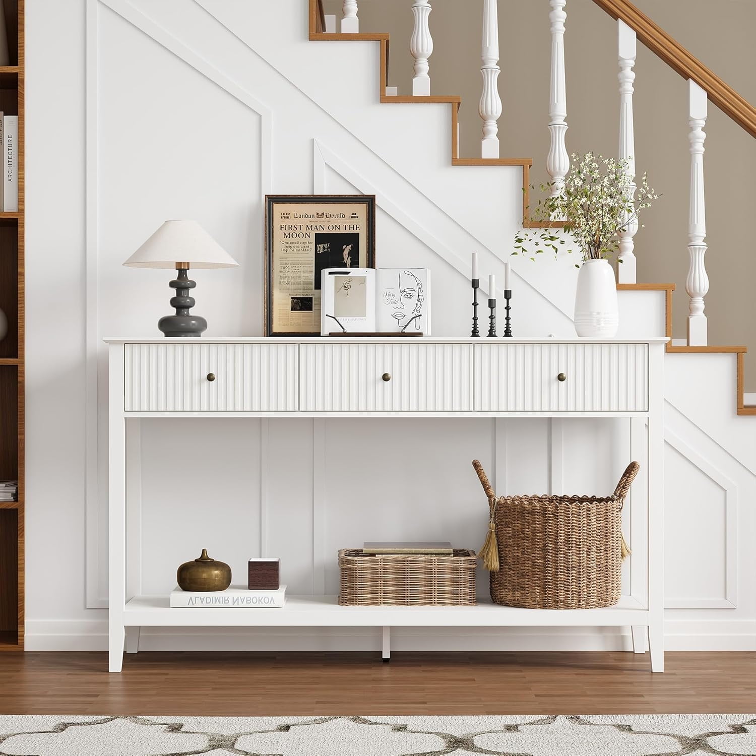 Fluted Console Table with 3 Drawers, Modern White Entryway Table with ...