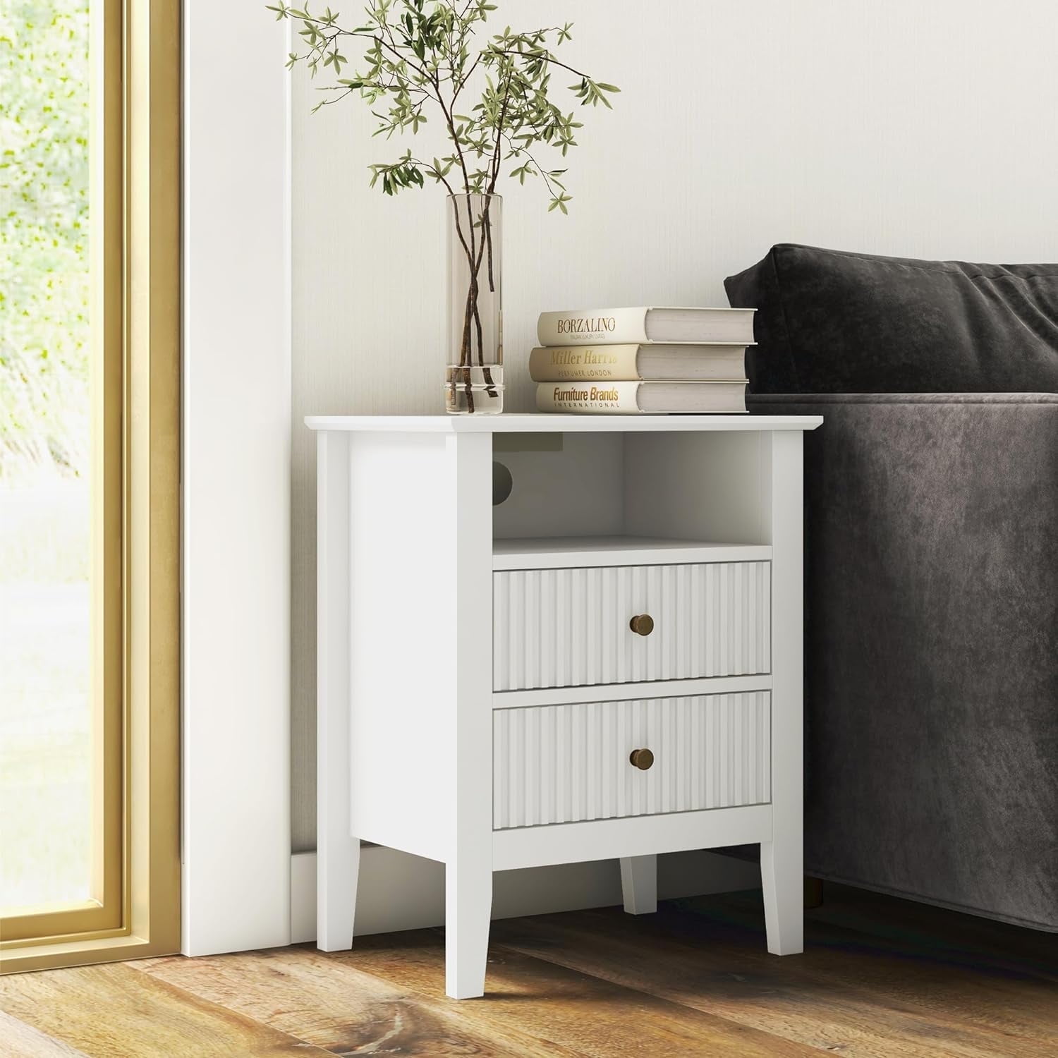 Superjoe White Bedside Furniture, Fluted Nightstand with Charging ...