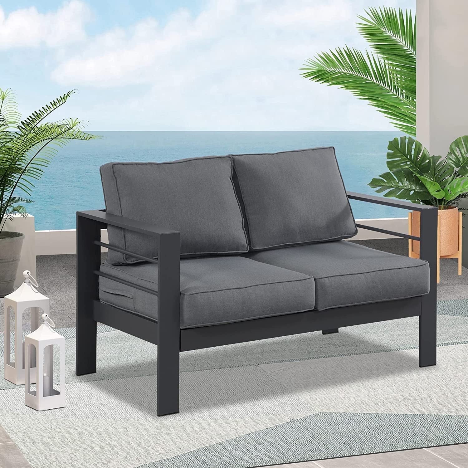 Superjoe Modern Outdoor Loveseat, 2-Seater Patio Aluminum Sofa, All ...