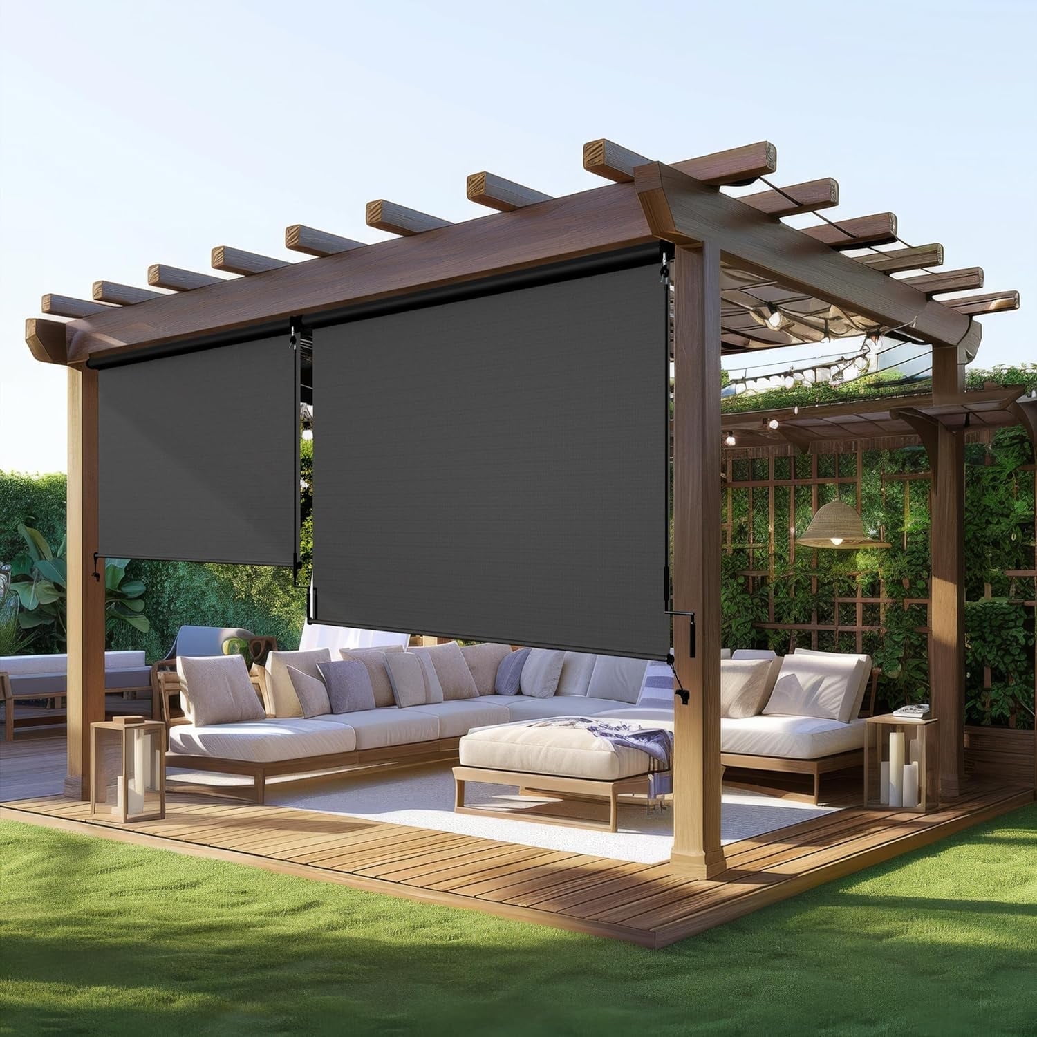 Superjoe 8'L x 8'W Black Outdoor Roller Shades for Patio, Weather ...