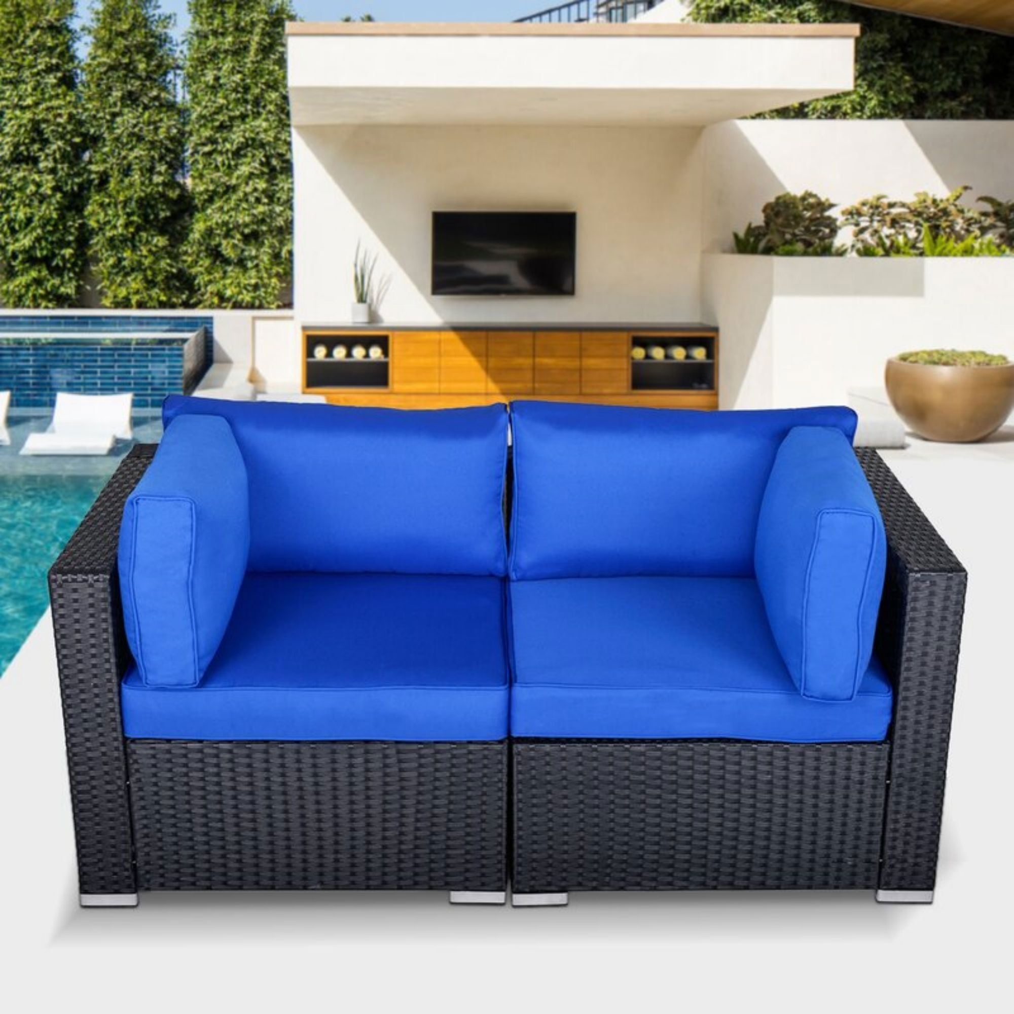 Superjoe Patio Contemporary Loveseat Set with Cushions, Black Wicker ...